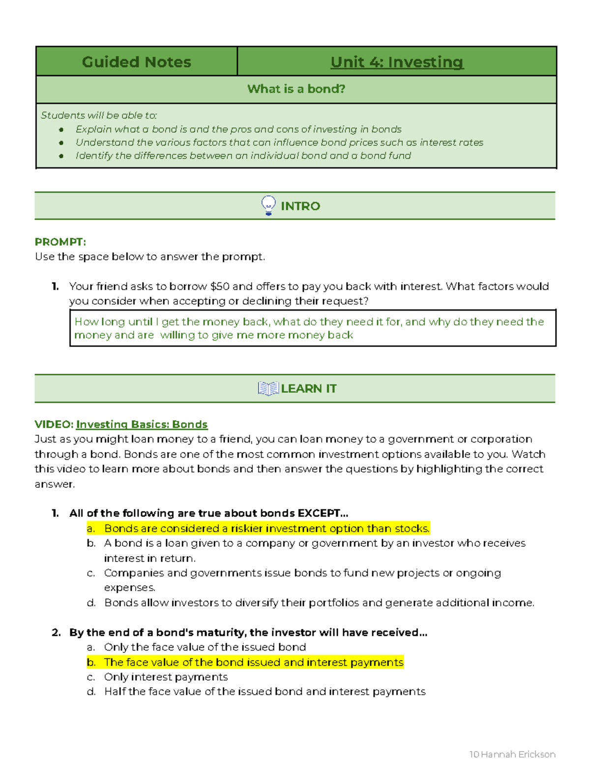 10 Hannah Erickson . What is a Bond Notes - Guided Notes Unit 4 ...