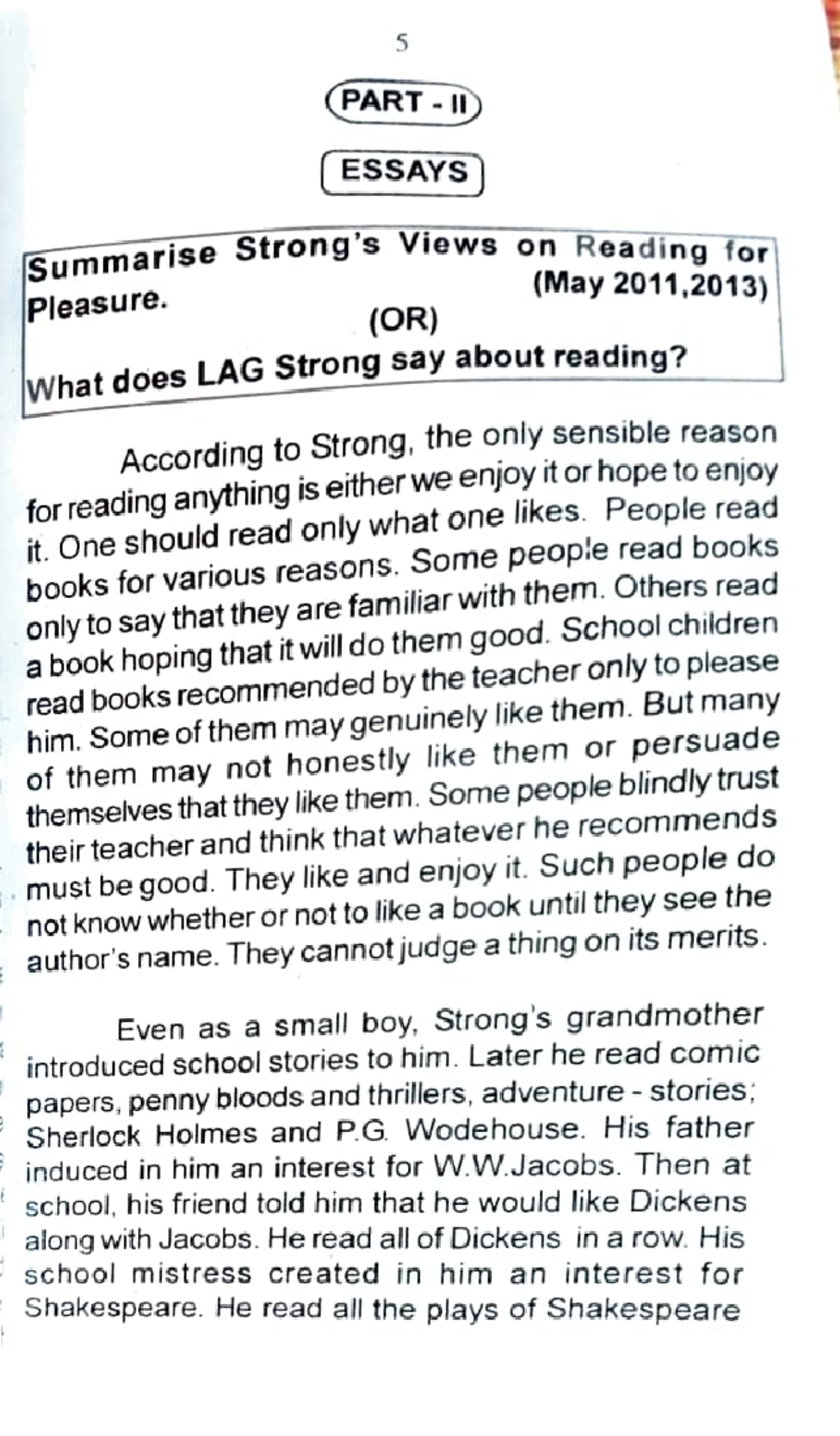 What does LAG Strong say about reading - Essay - PART-1) (ESSAYS ...