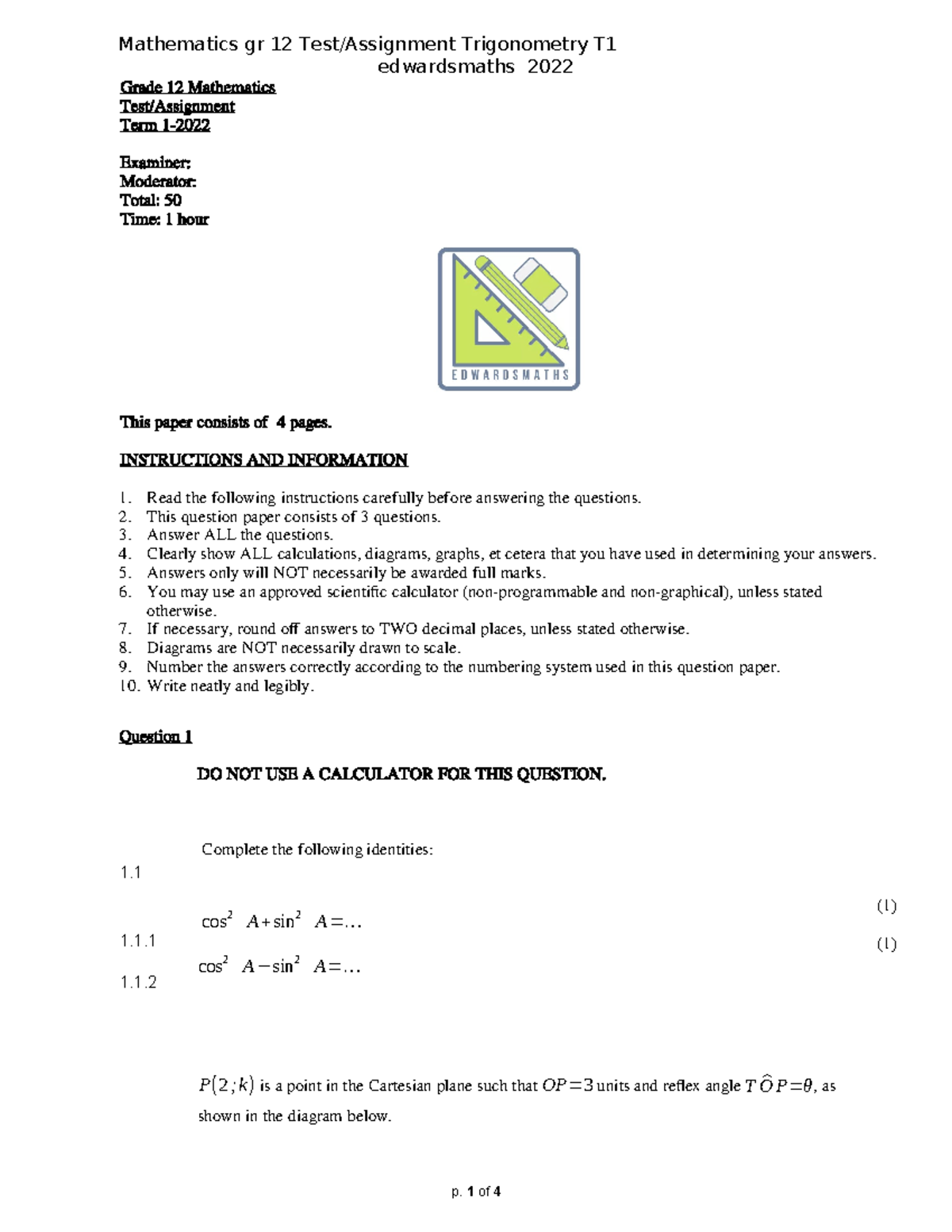 Gr 12 Edwardsmaths Test or Assignment Trigonometry T1 2022 Eng ...