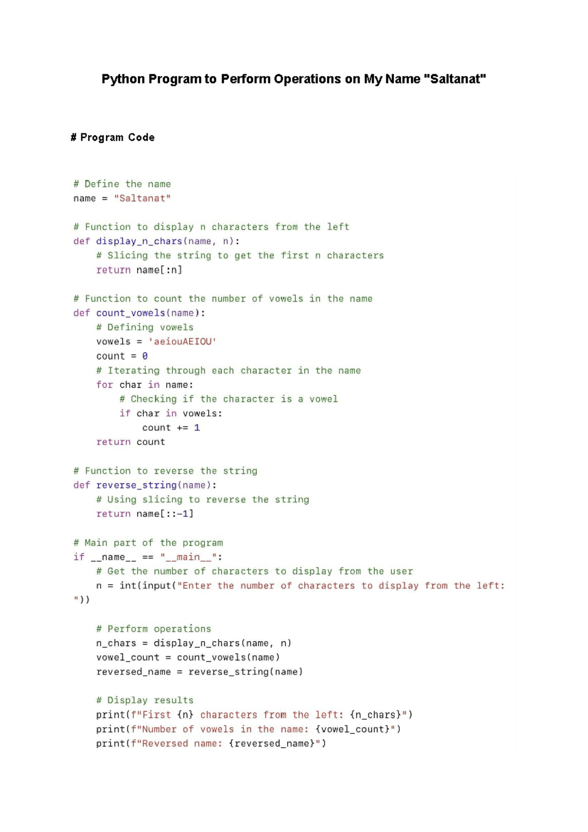 CS 1101- LJ 5 - CS 1101 - Python Program to Perform Operations on My Name "Saltanat" - Studocu
