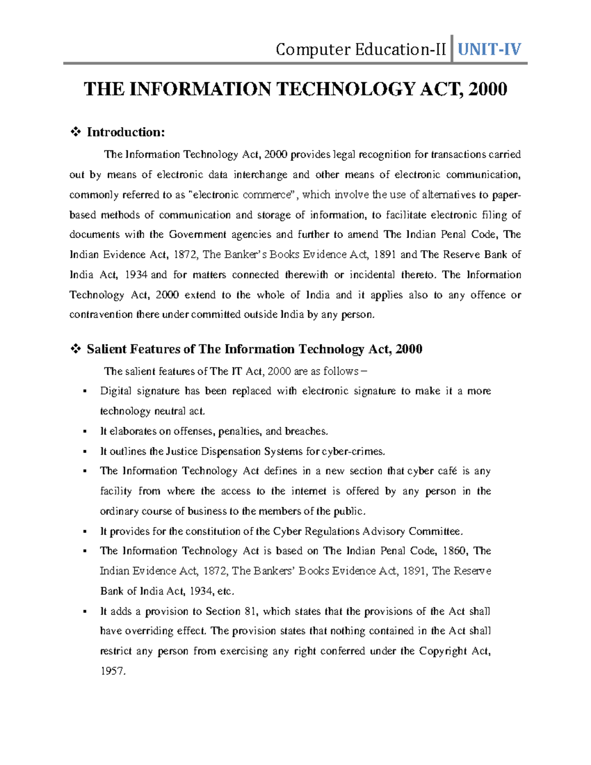 UNIT-IV-Second - THE INFORMATION TECHNOLOGY ACT, 2000 Introduction: The ...