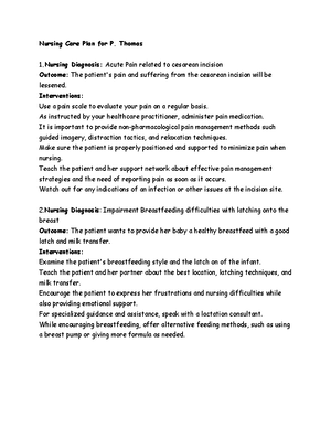 Nursing Care Plan for P - care plan - Nursing Care Plan for P. Thomas 1 ...