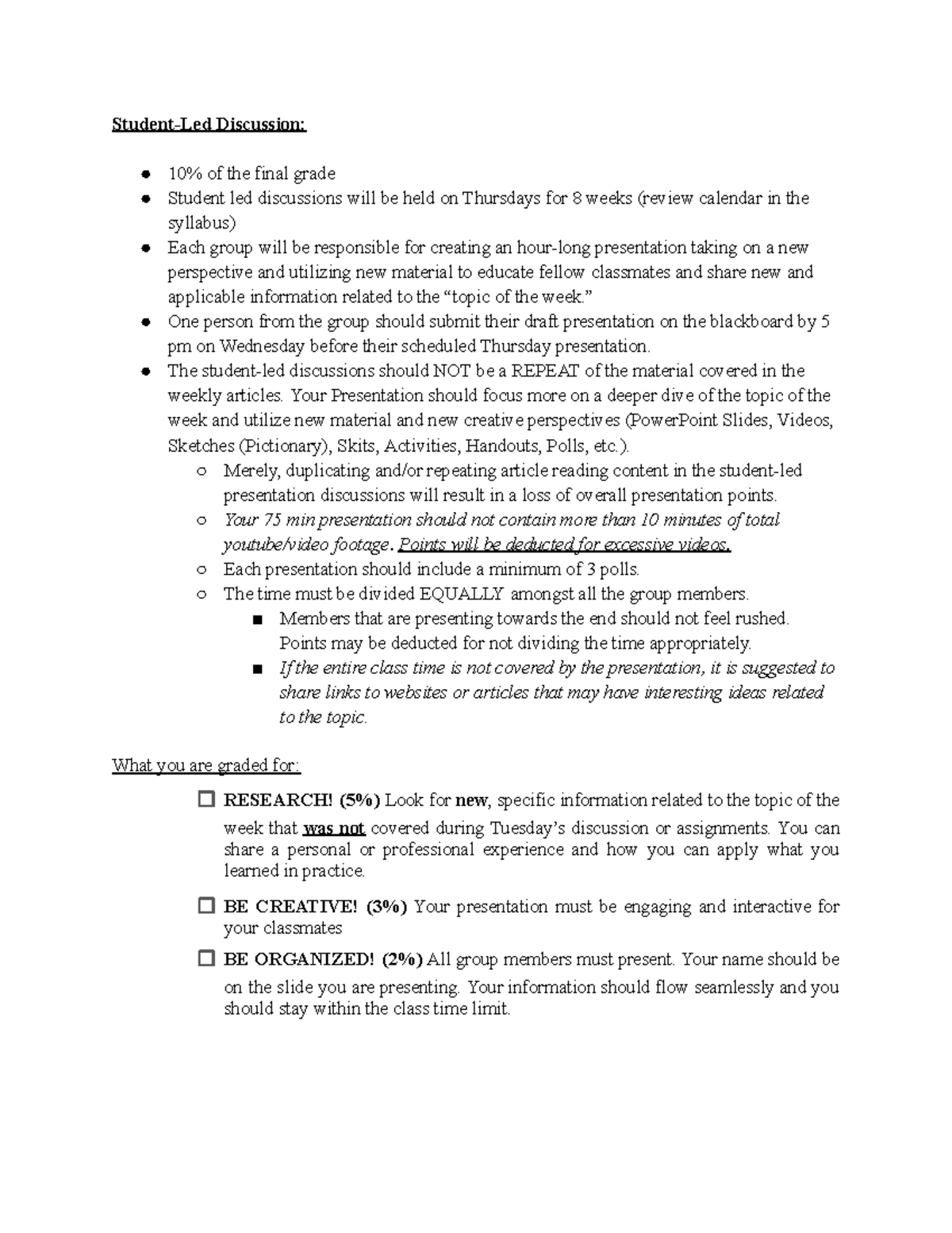 Guidelines for Student Led Discussion - Student-Led Discussion: 10% of ...