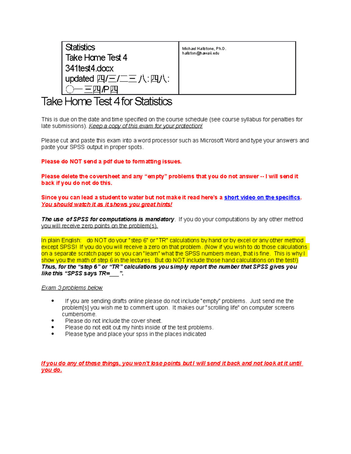 341test4 - GOOD WORK - Statistics Take Home Test 4 341test4 updated 四/三 ...