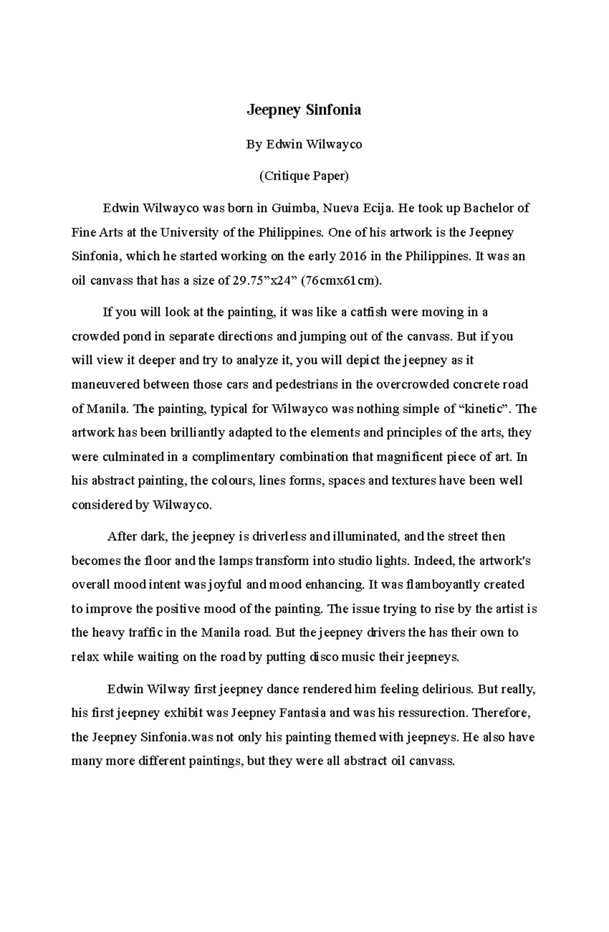Jeepney Sinfonia - reaction paper - Jeepney Sinfonia By Edwin Wilwayco ...