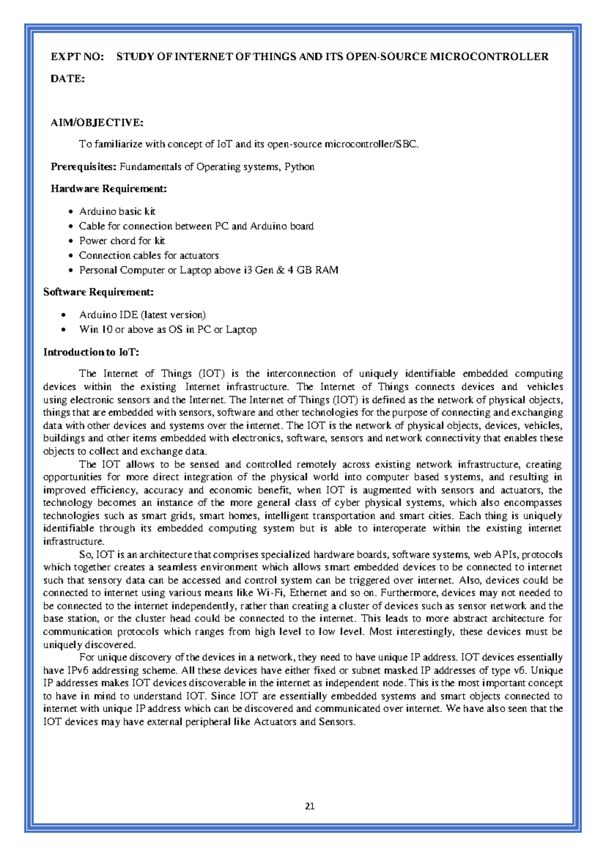 Mts & IOT Lab Manual 2024 - EXPT NO: STUDY OF INTERNET OF THINGS AND ITS OPEN-SOURCE ...