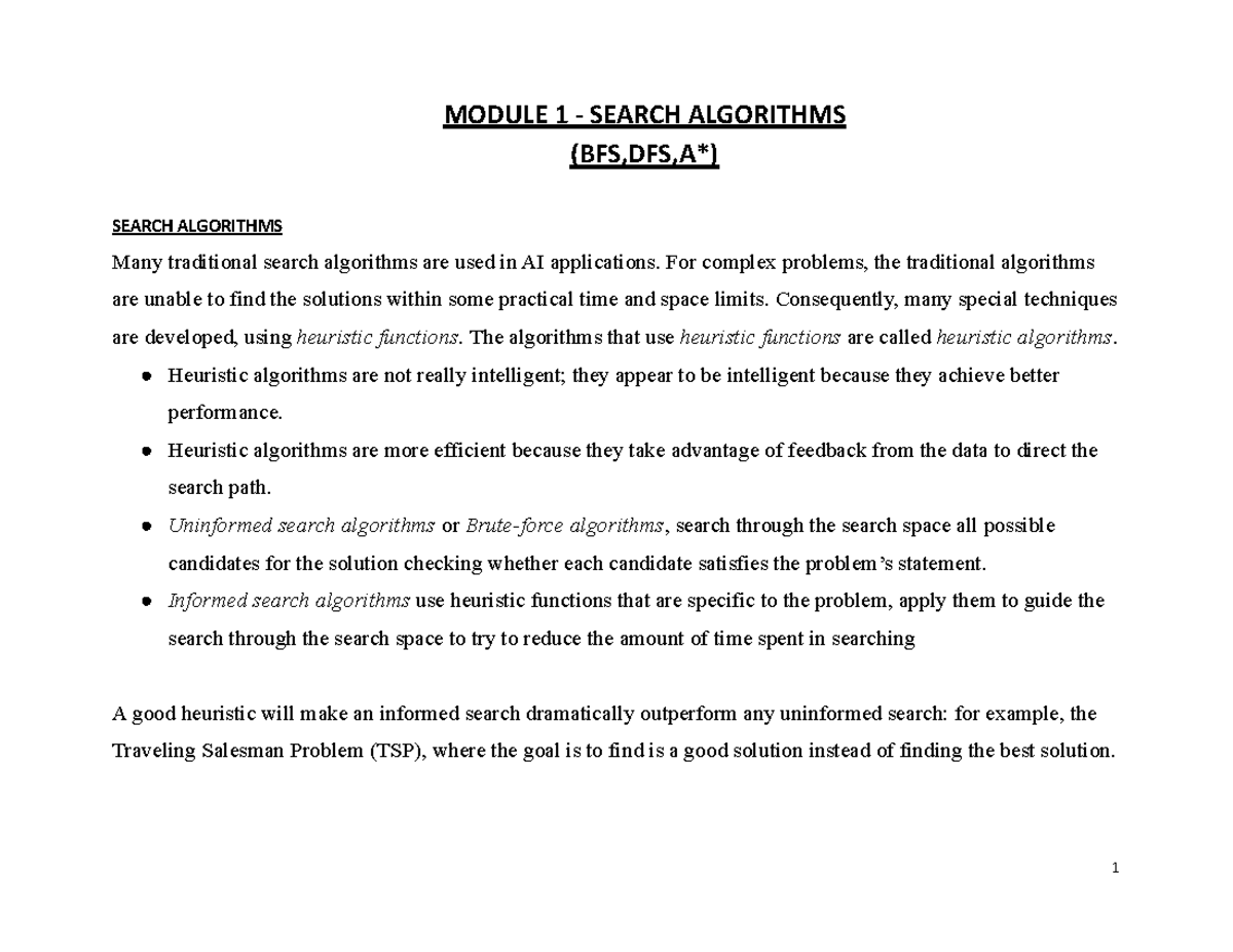AI Module 1 - Search Algorithms - MODULE 1 - SEARCH ALGORITHMS (BFS,DFS ...