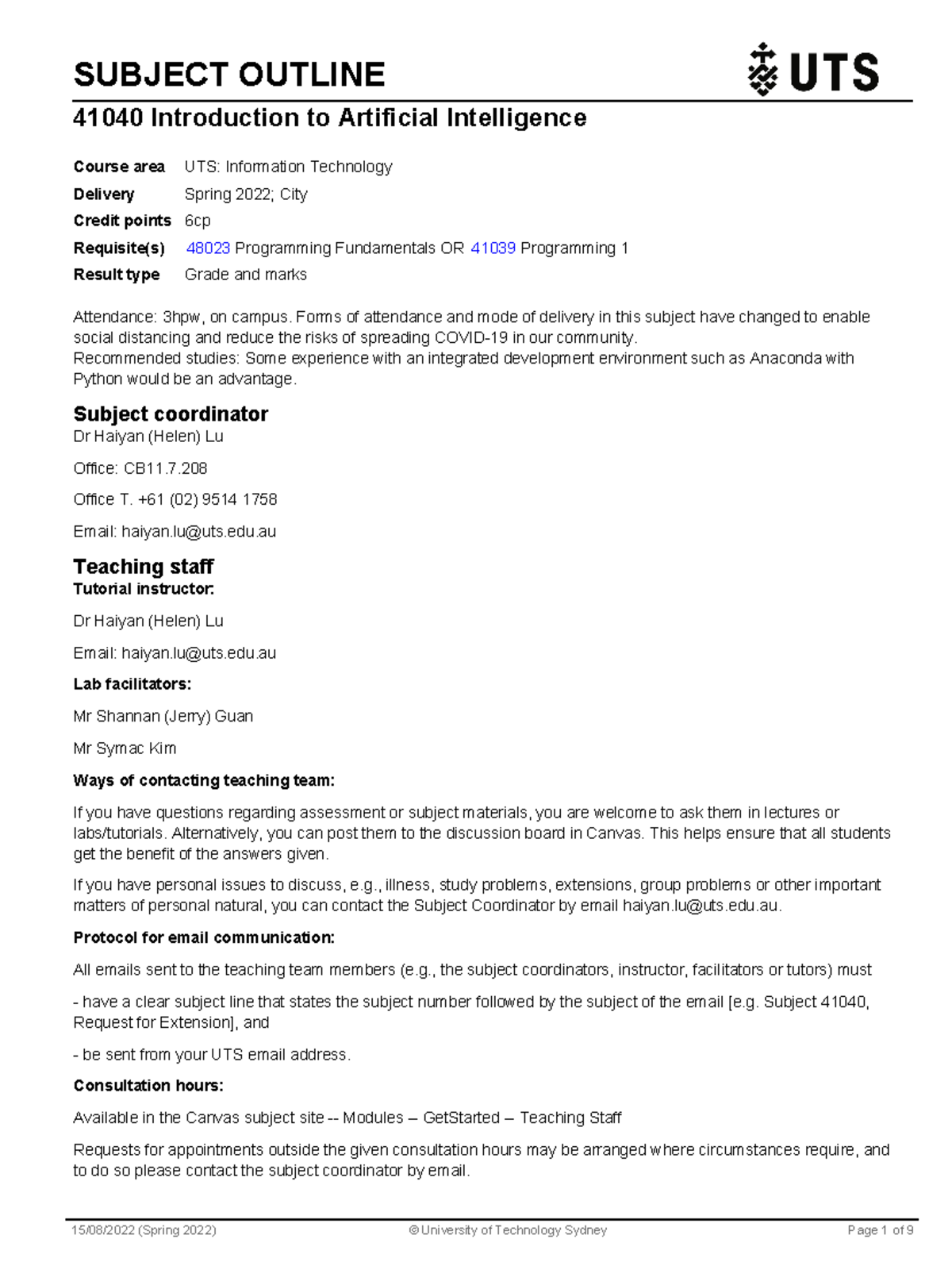 AIoutline - outline - SUBJECT OUTLINE 41040 Introduction to Artificial ...