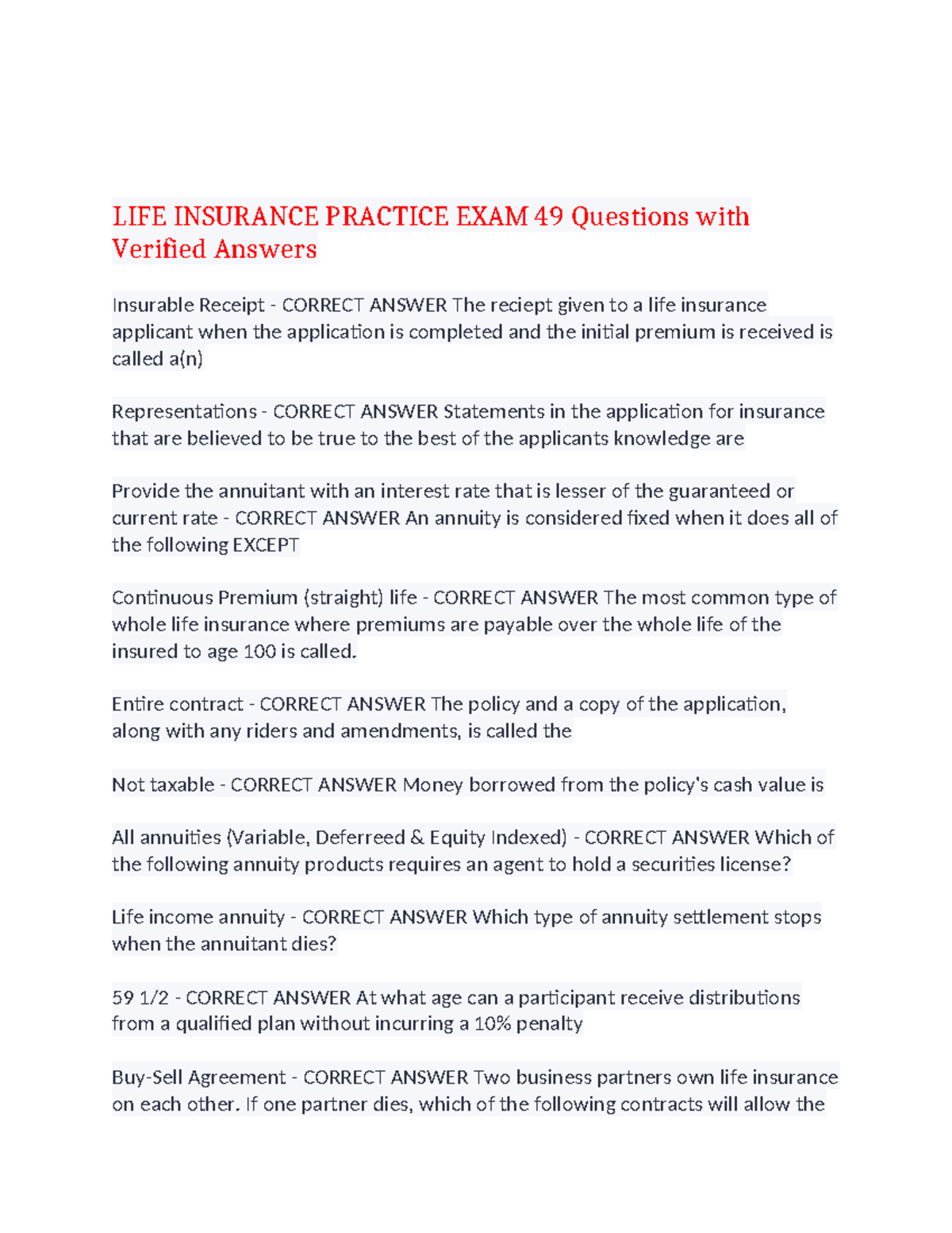 LIFE Insurance Practice EXAM 49 Questions with Verified Answers - LIFE ...