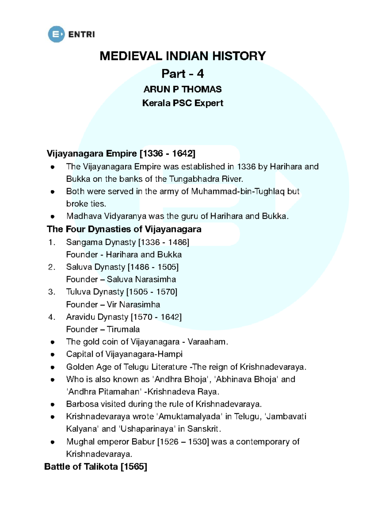 7 - Summary Indian History I (Elective) - MEDIEVAL INDIAN HISTORY Part ...
