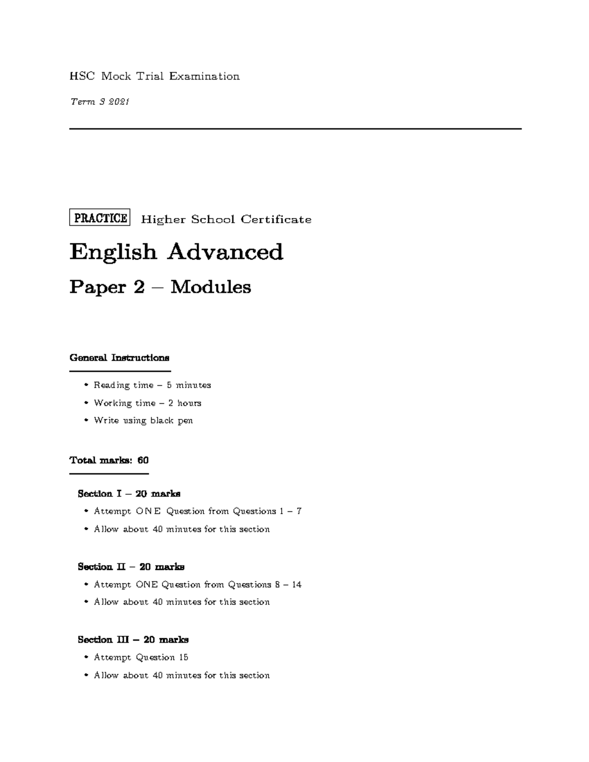 English paper 2 mock - HSC Mock Trial Examination Term 3 2021 Higher ...