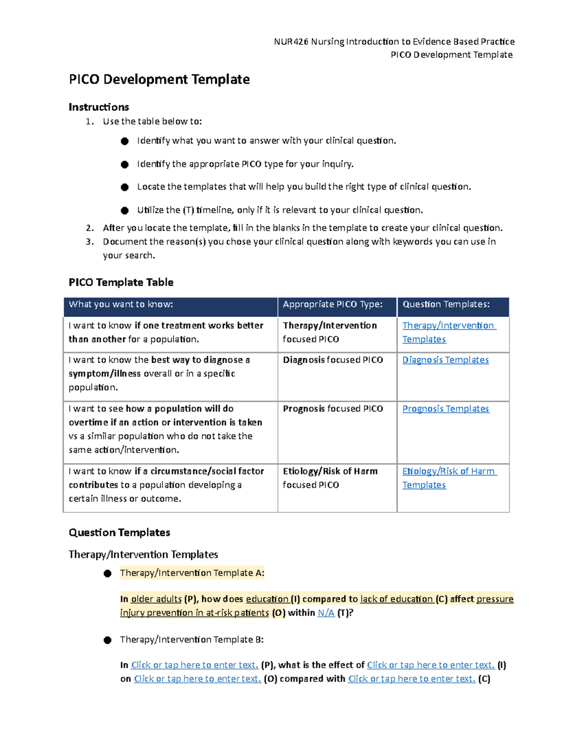 NUR426 PICO Development Group Assignment (WK 7) - NUR426 Nursing ...