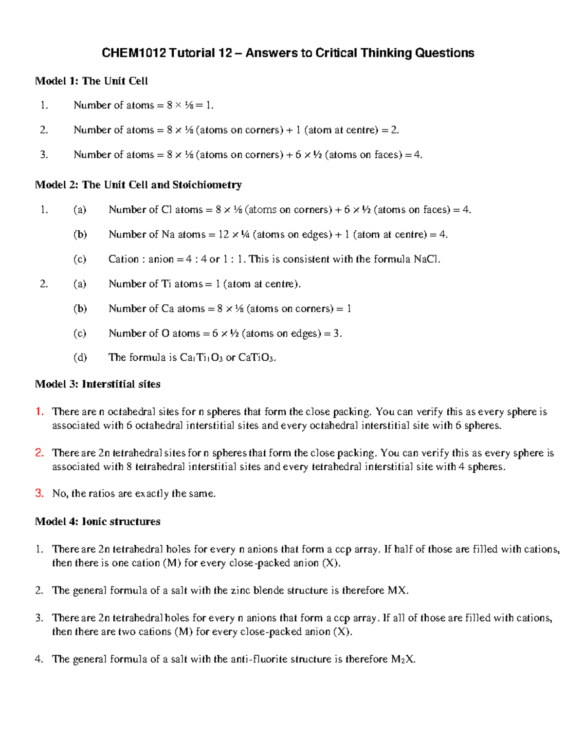 Tutorial 12 - Answers - CHEM1012 Tutorial 12 – Answers to Critical ...