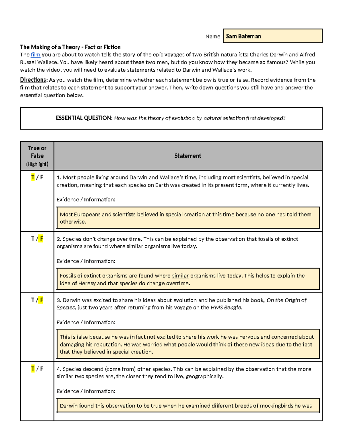 The Making of a Theory - hronek - Name Sam Bateman The Making of a ...