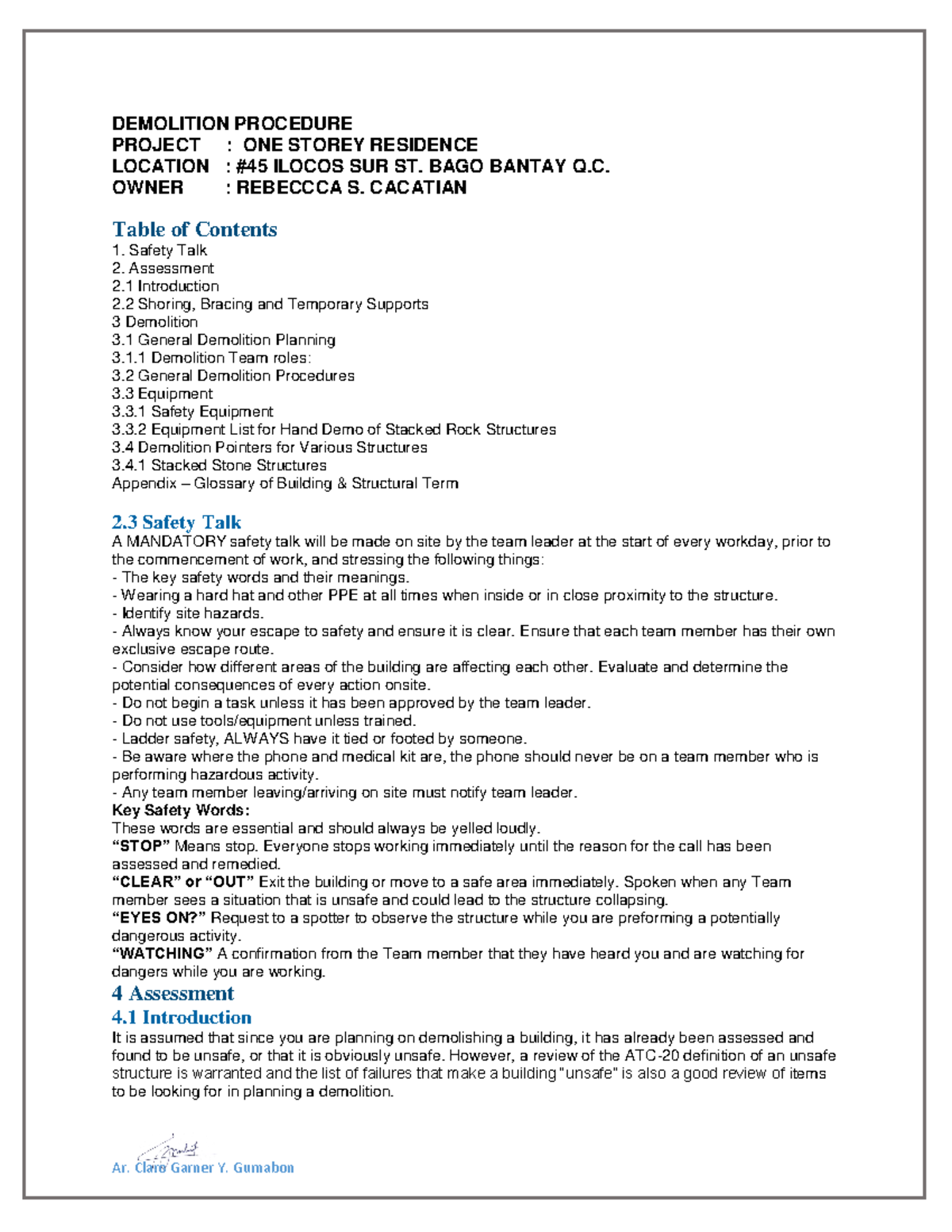 Demolition Procedure Cacatian 1 - DEMOLITION PROCEDURE PROJECT : ONE ...