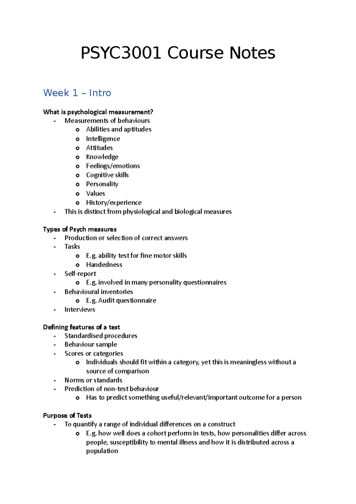 PSYC3001 Course Notes - PSYC3001 Course Notes Week 1 – Intro What is ...