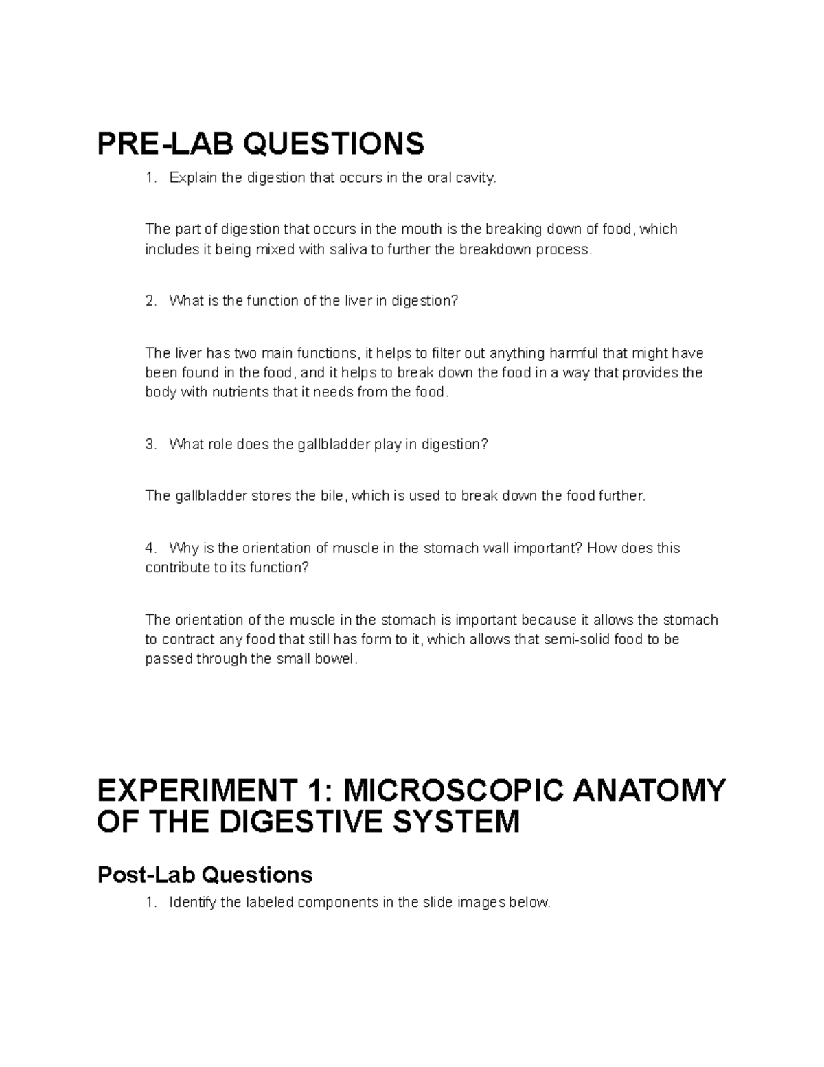 Lab 11 - bio - PRE-LAB QUESTIONS 1. Explain the digestion that occurs ...