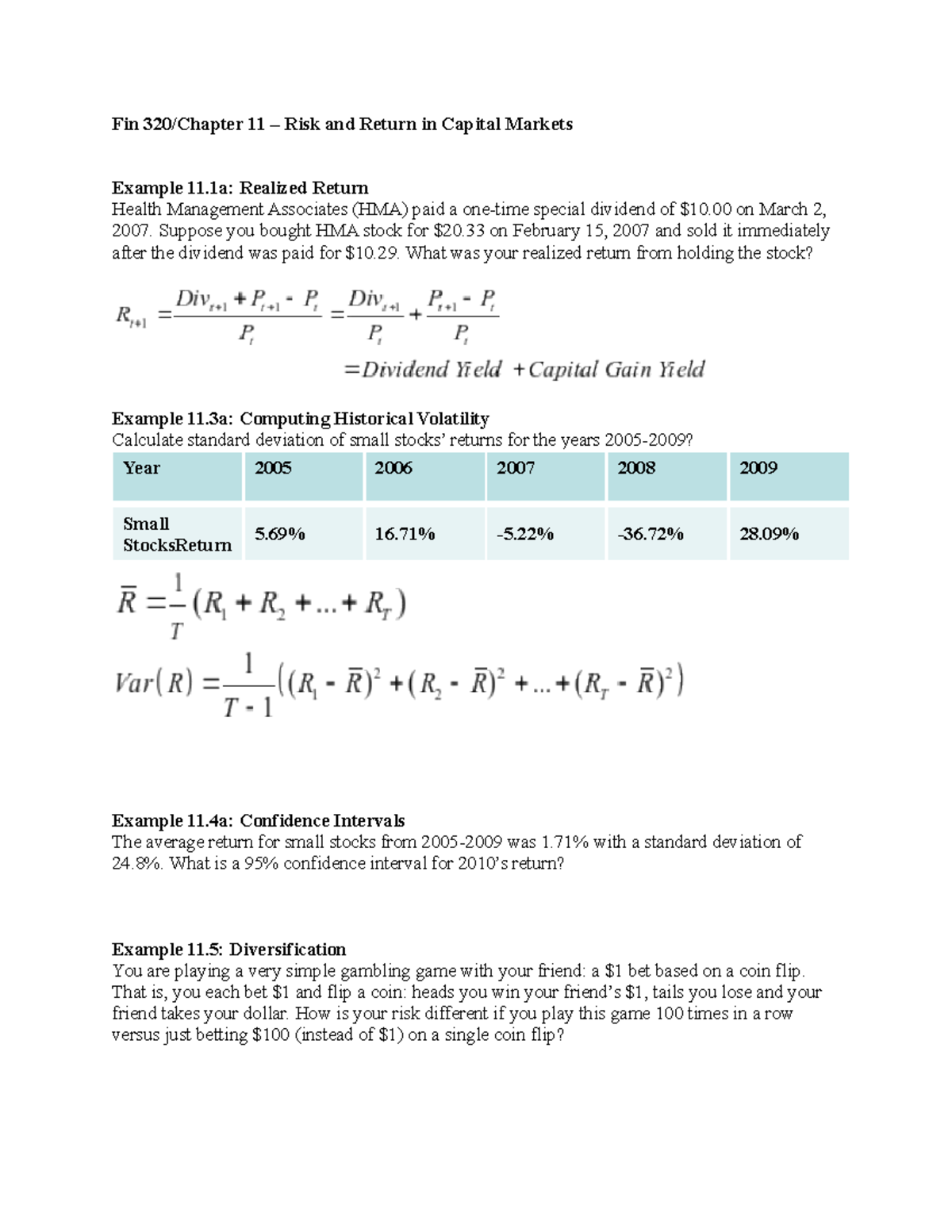 Chapter 11 - handout exercise - Fin 320/Chapter 11 – Risk and Return in ...