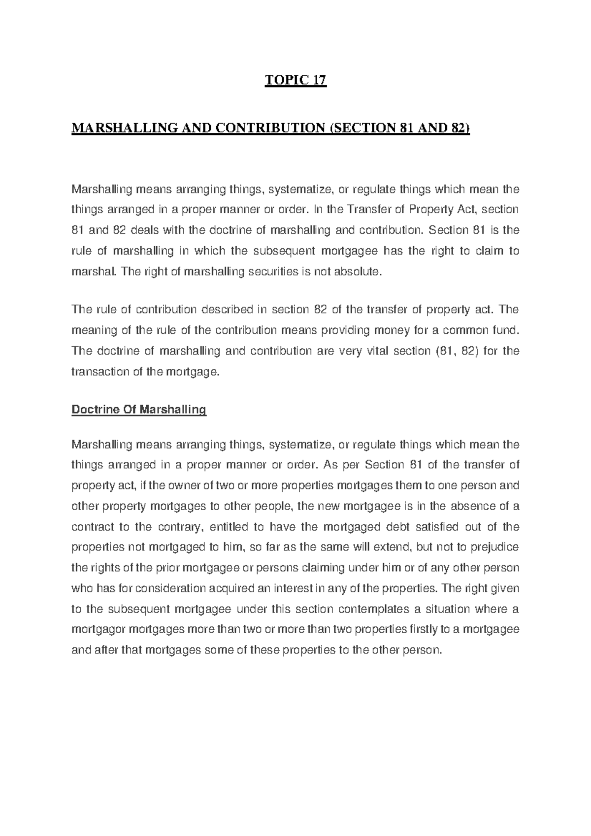 Topic 17 Section 81 and 82 of TPA - TOPIC 17 MARSHALLING AND CONTRIBUTION (SECTION 81 AND 82 ...