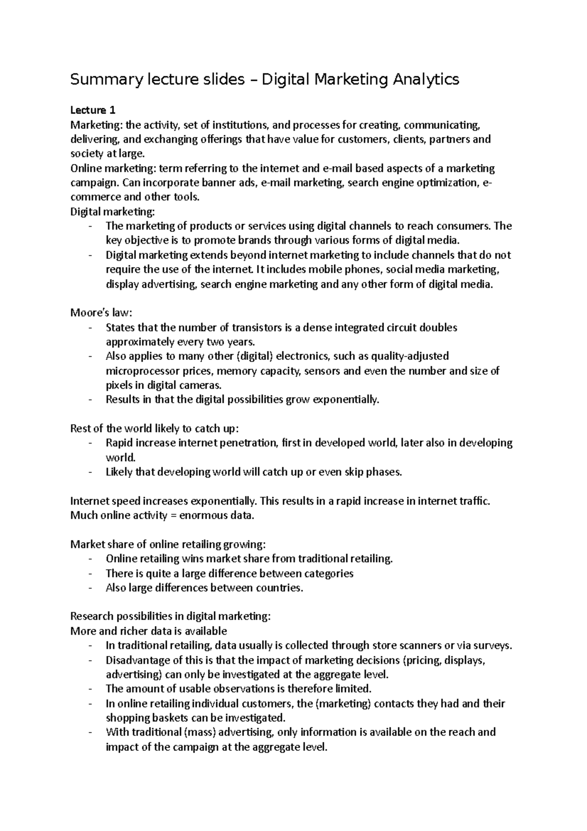 Summary lecture slides – Digital Marketing Analytics - Summary lecture slides – Digital ...