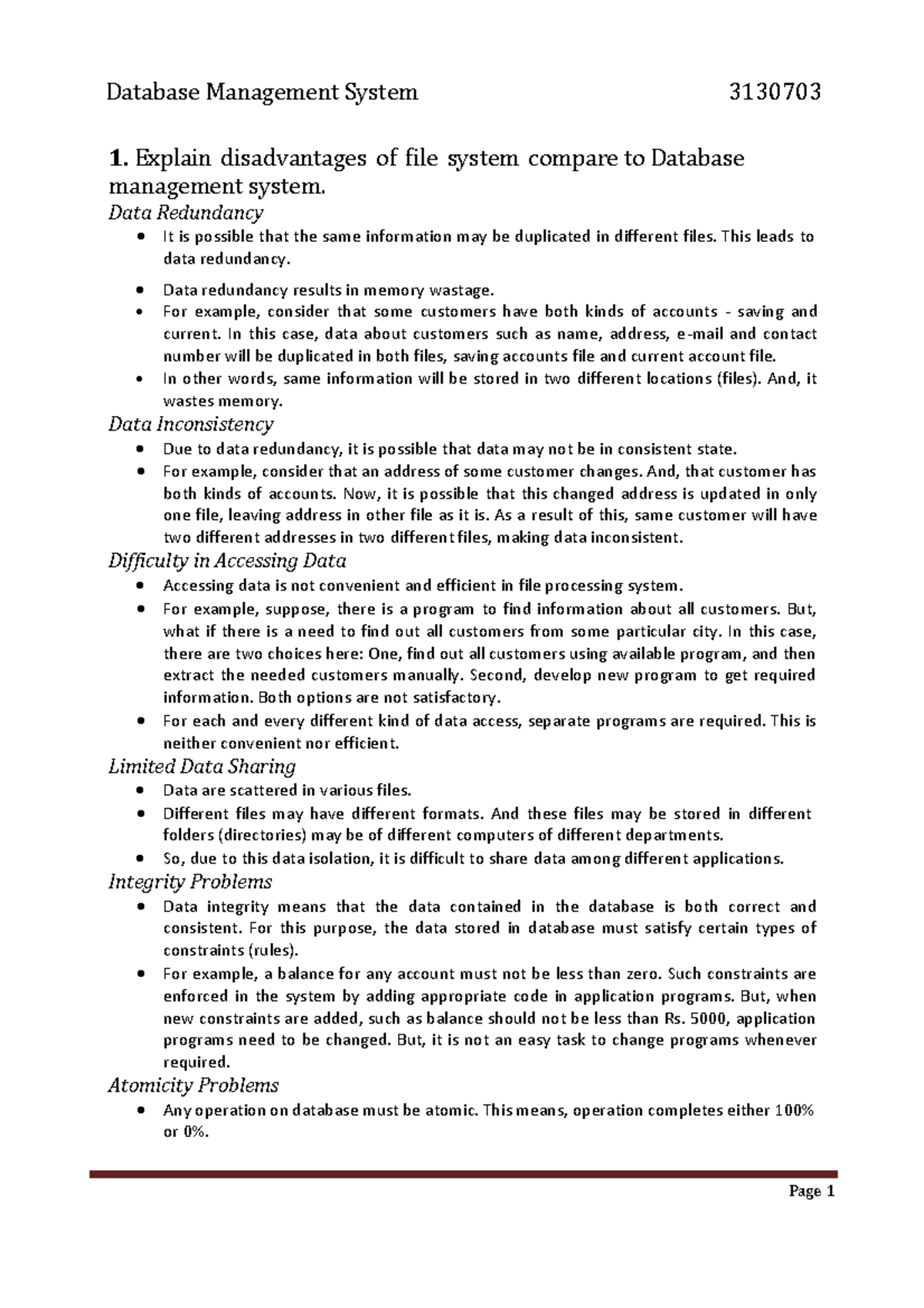 3130703 DBMS Question BANK WITH Answer (1) (1) - 1. Explain disadvantages of file system compare ...
