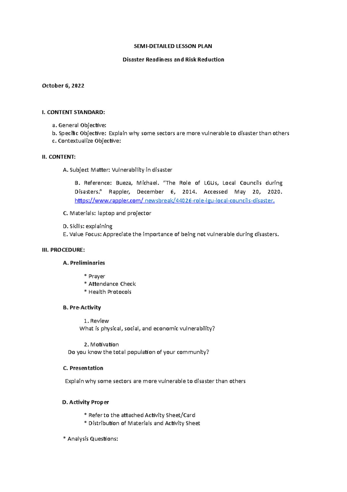Semi-Detailed-Lesson-Plan DRRR 9 - SEMI-DETAILED LESSON PLAN Disaster ...