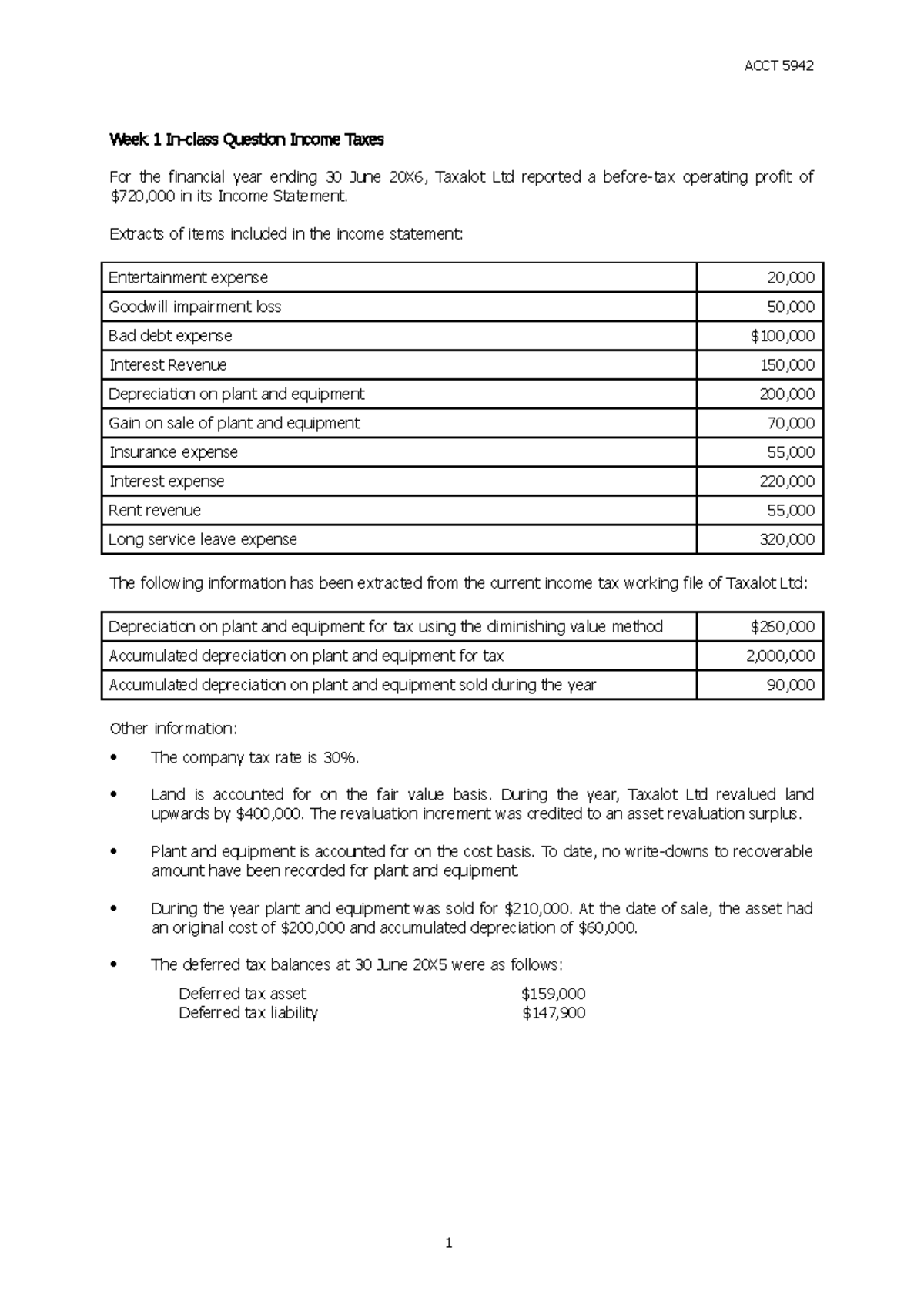 Week 1 in class question Income Taxes w Solution - Week 1 In-class ...