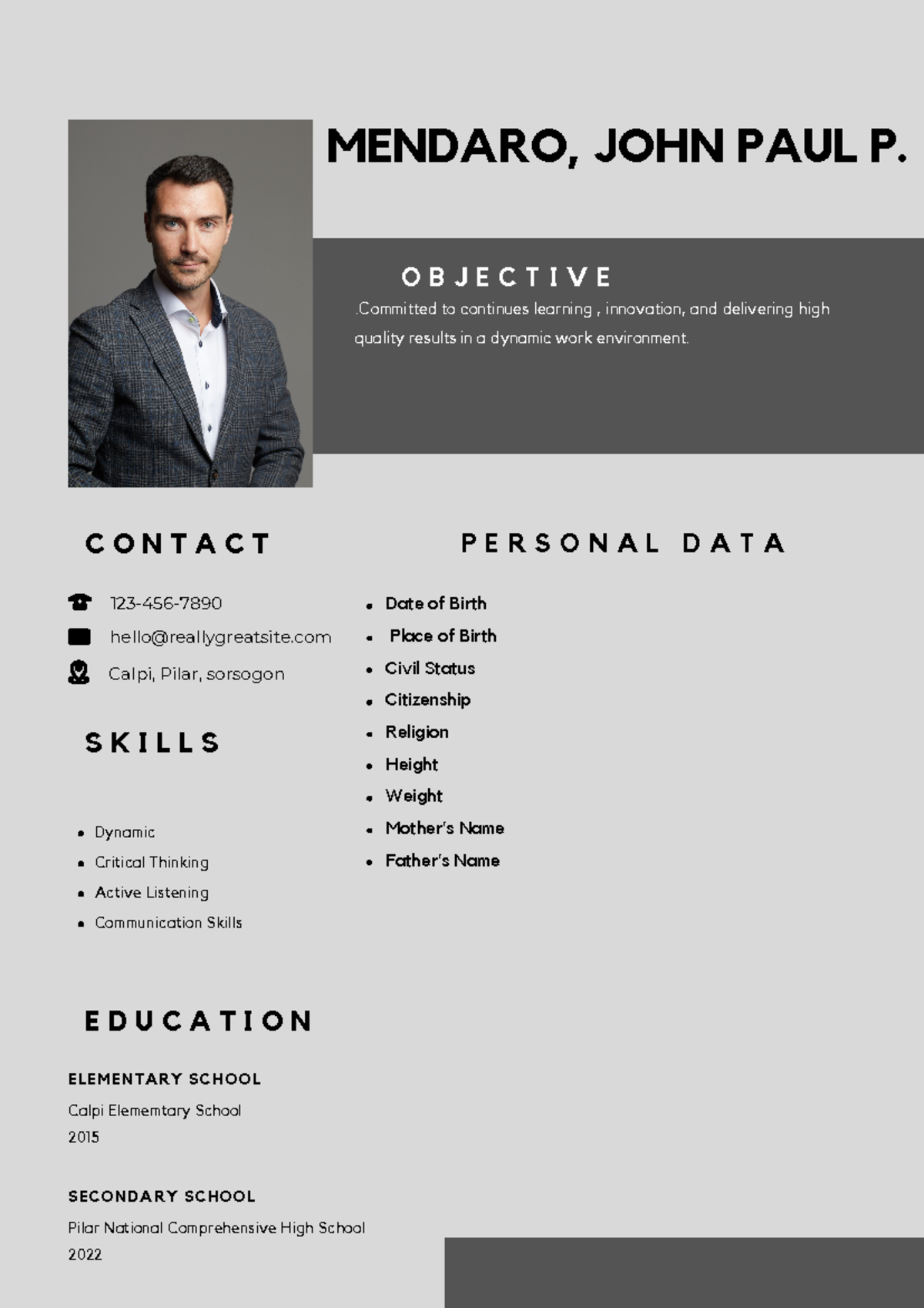 Modern Grey Resume - P.E 4 - 123-456- Calpi, Pilar, sorsogon hello ...