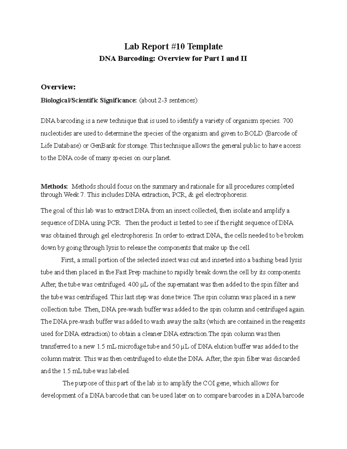 BIO161 Lab Report 10 ( Intro) - Lab Report #10 Template DNA Barcoding ...