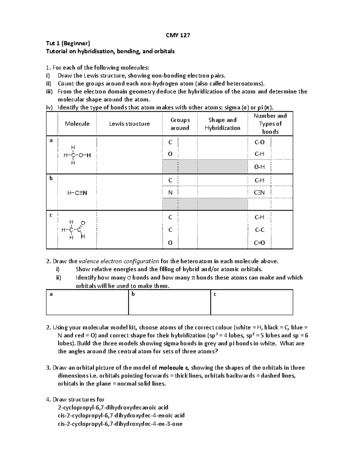 CMY 127 Tut 1 Hybridisation and Orbital pictures - CMY 127 Tut 1 ...
