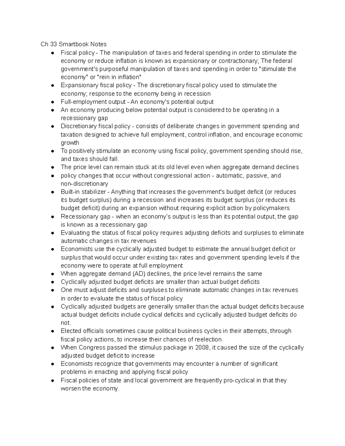 Ch 33 Notes - Ch 33 Smartbook Notes Fiscal policy - The manipulation of ...
