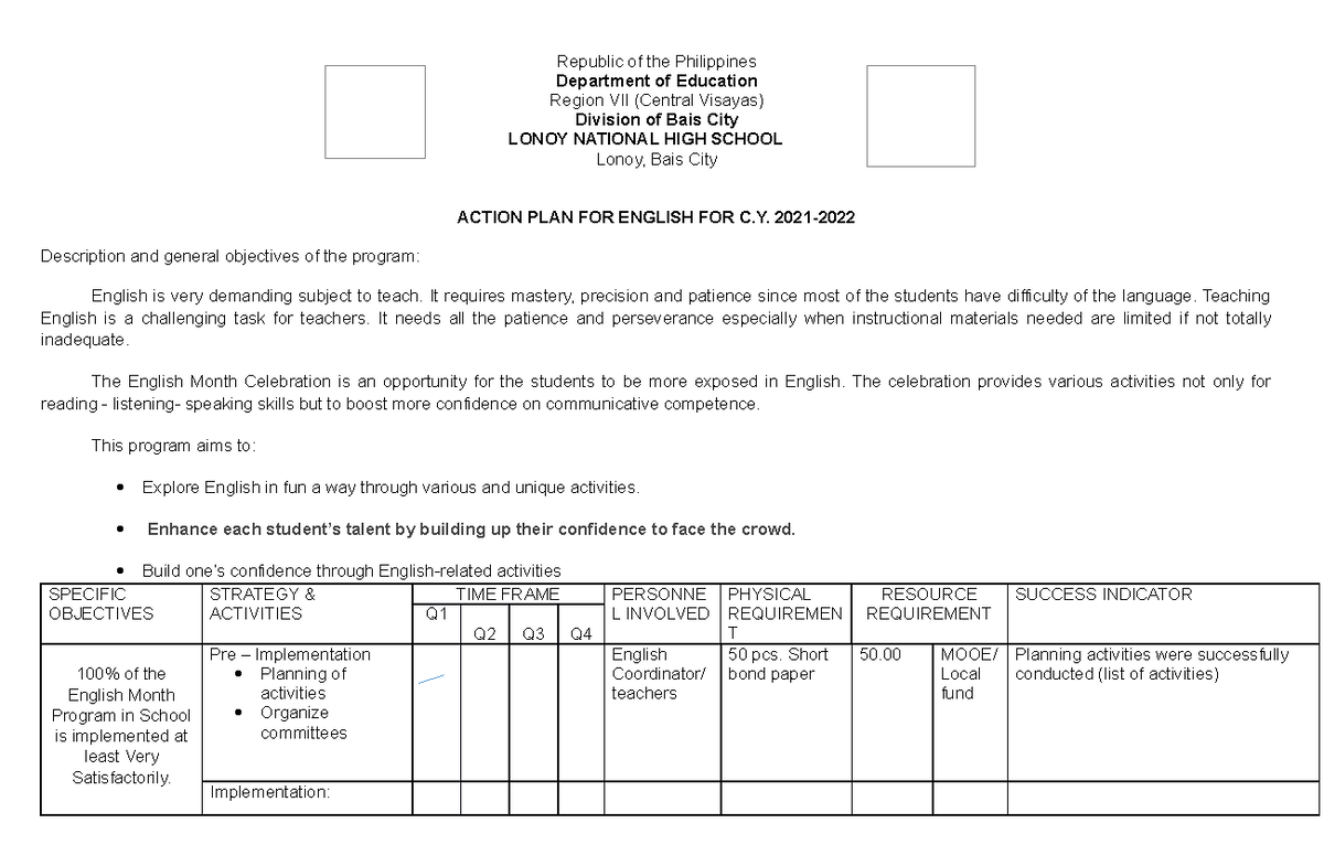 Action PLAN FOR English - Republic of the Philippines Department of ...