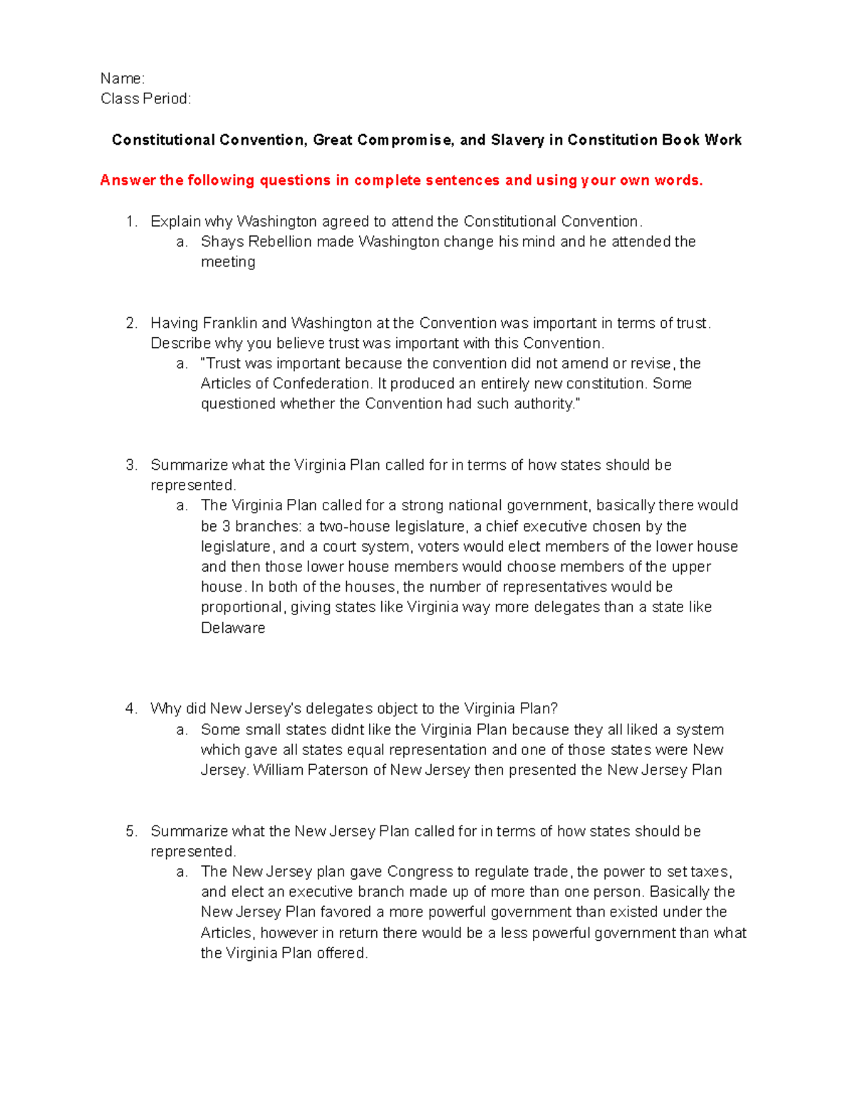 Constitutional Convention Answers - Name: Class Period: Constitutional ...