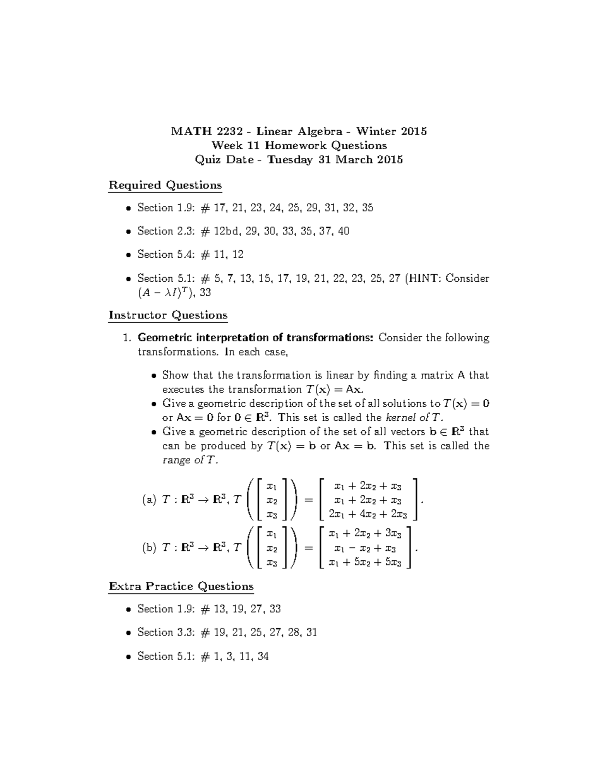 Week11HW - homework - MATH 2232 - Linear Algebra - Winter 2015 Week 11 ...