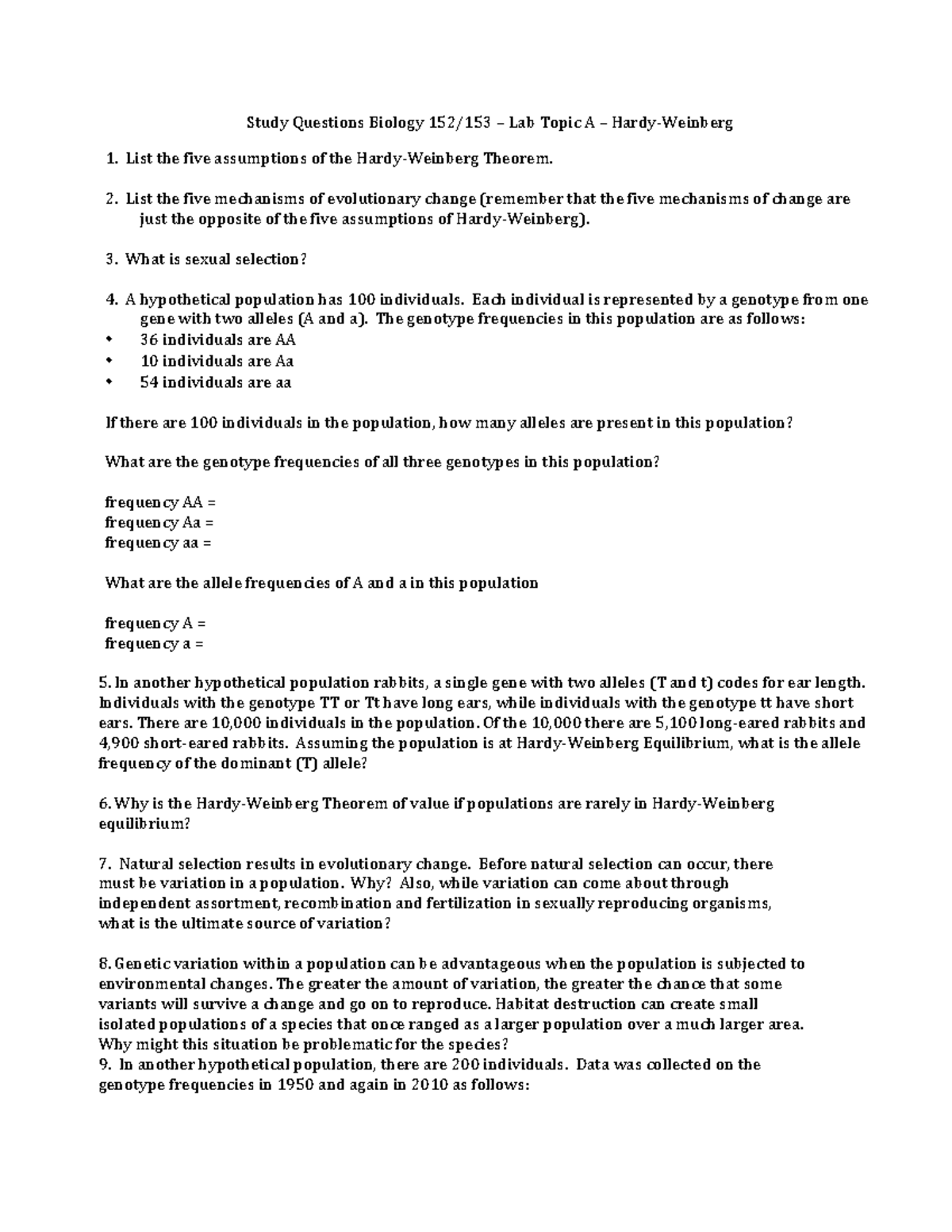 Study Questions Hardy- Weinberg 10th ed - Study Questions Biology 152/ ...