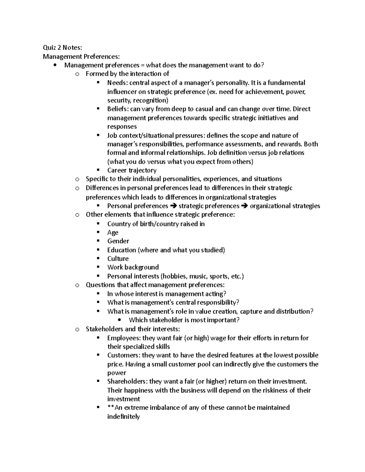 Quiz 2 Notes Quiz 2 Notes Management Preferences Management