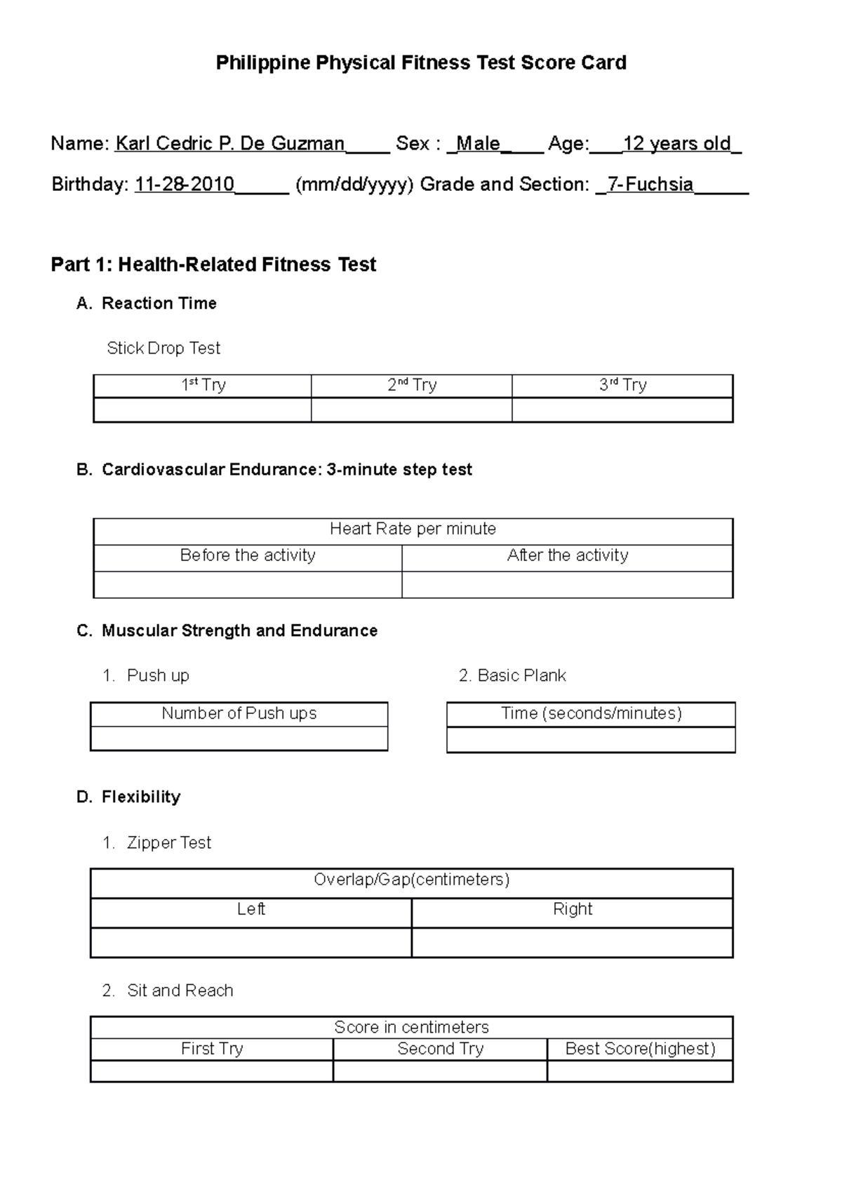 PPFT-Score-Card - score card - Philippine Physical Fitness Test Score ...