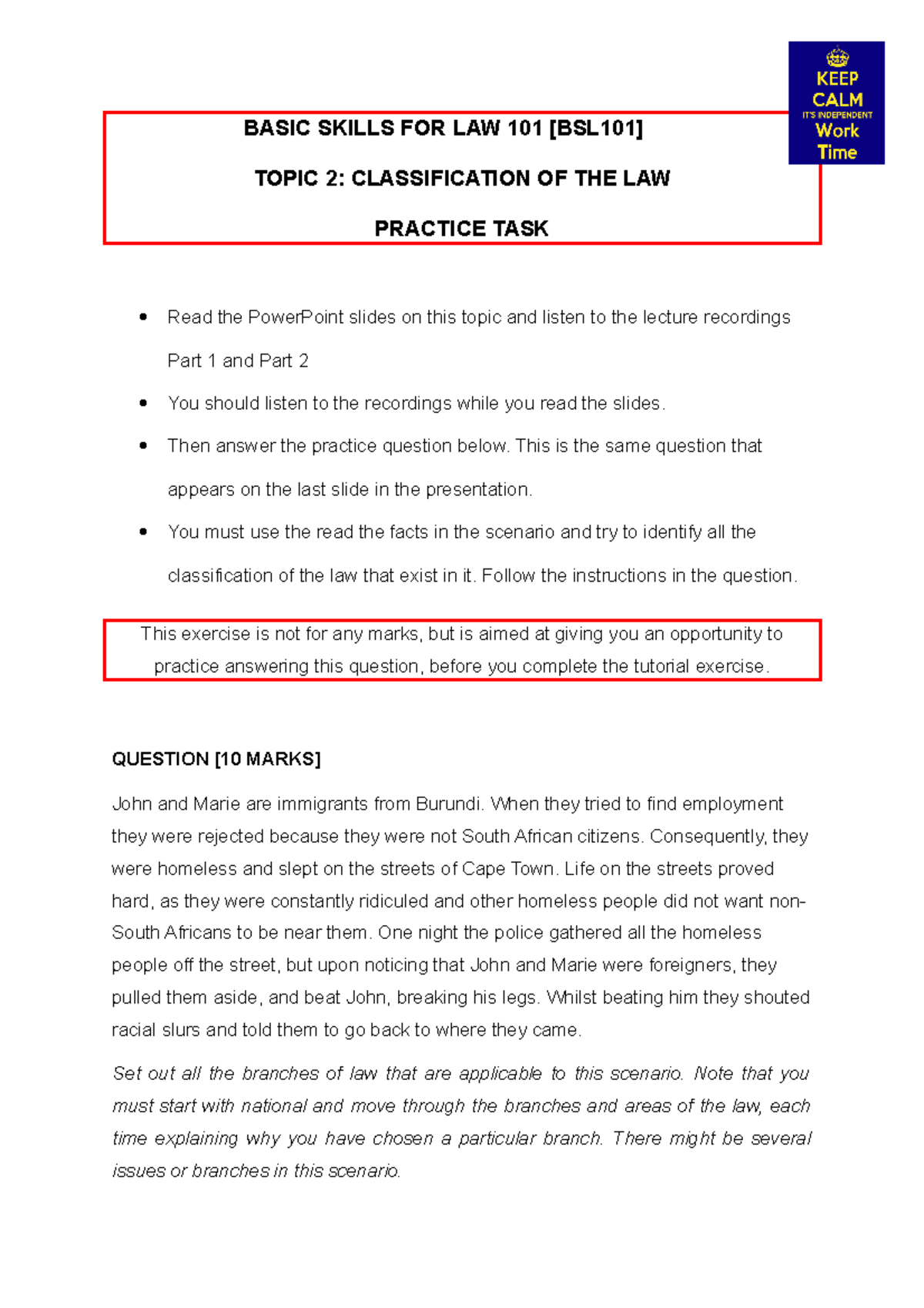 Classification OF THE LAW Practice TASK - BASIC SKILLS FOR LAW 101 ...