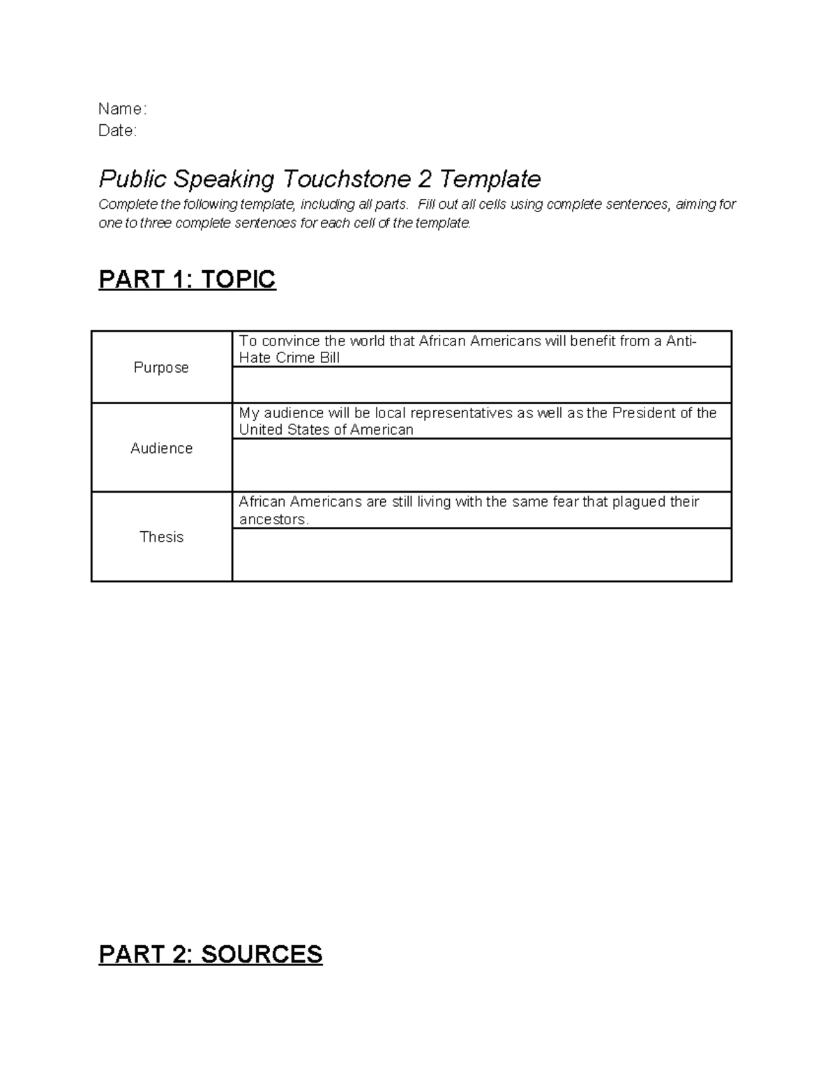 Touchstone 2 Template - English - Name: Date: Public Speaking Touchstone 2 Template Complete the ...