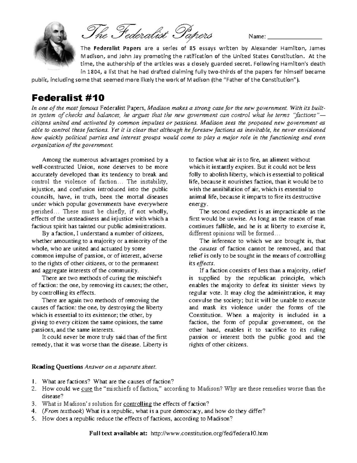 Federalist Papers 10 & 51 excerpts - The Federalist Papers Name ...