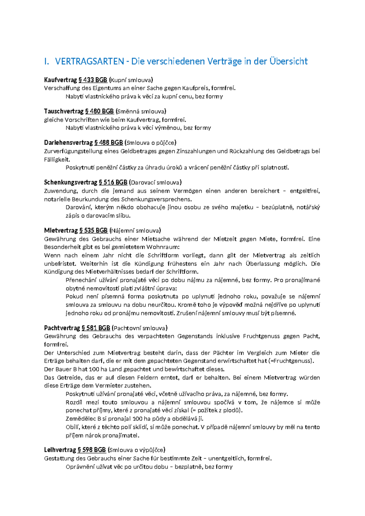 3. Vertragsarten - Die verschiedenen Verträge in der Übersicht - I ...