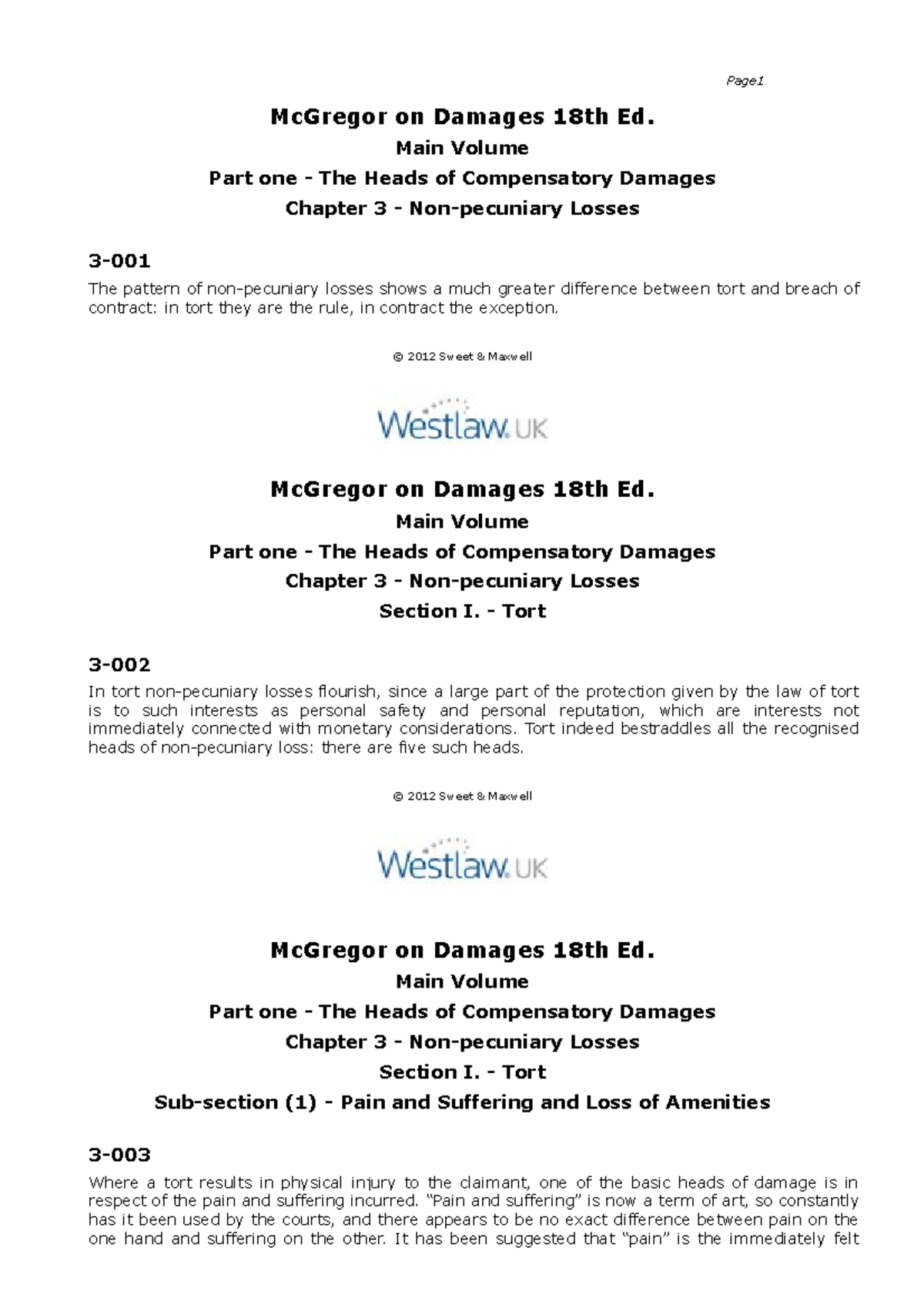 Damages Chp 3 - Page McGregor on Damages 18th Ed. Main Volume Part one ...