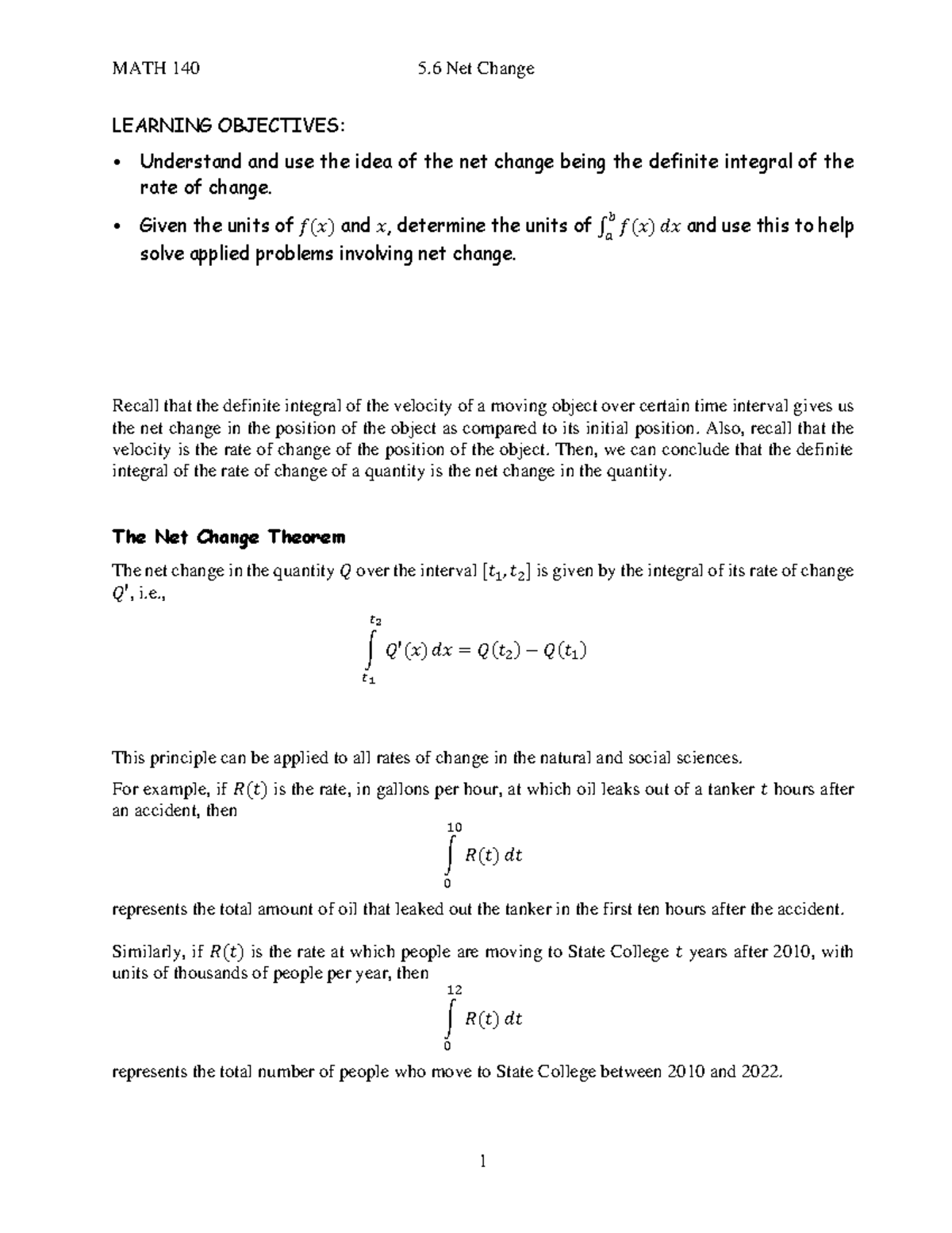 M140-L5 6-SP23 3 - notes related rates - MATH 140 5 Net Change 1 ...