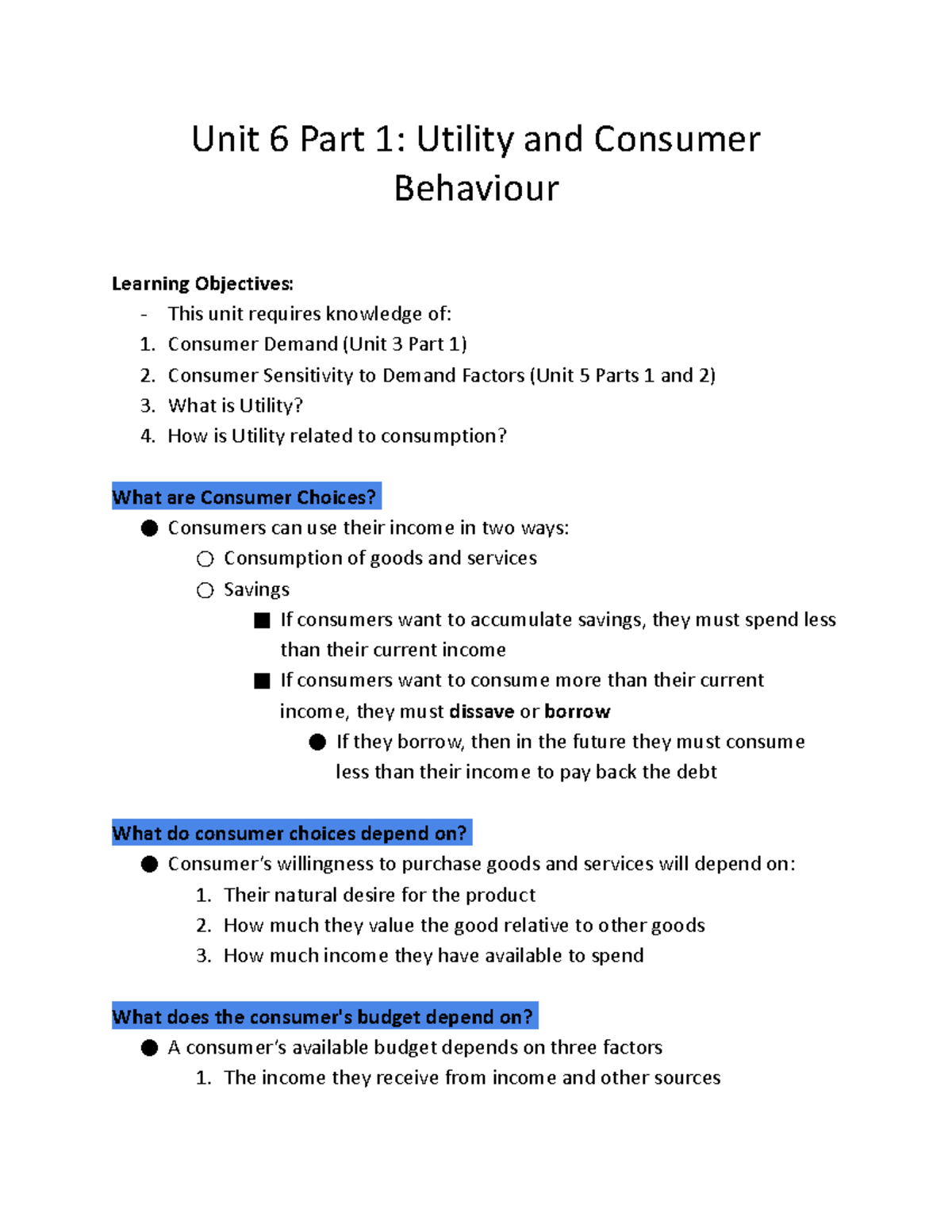 Unit 6 - Consumer Choice - Unit 6 Part 1: Utility and Consumer ...