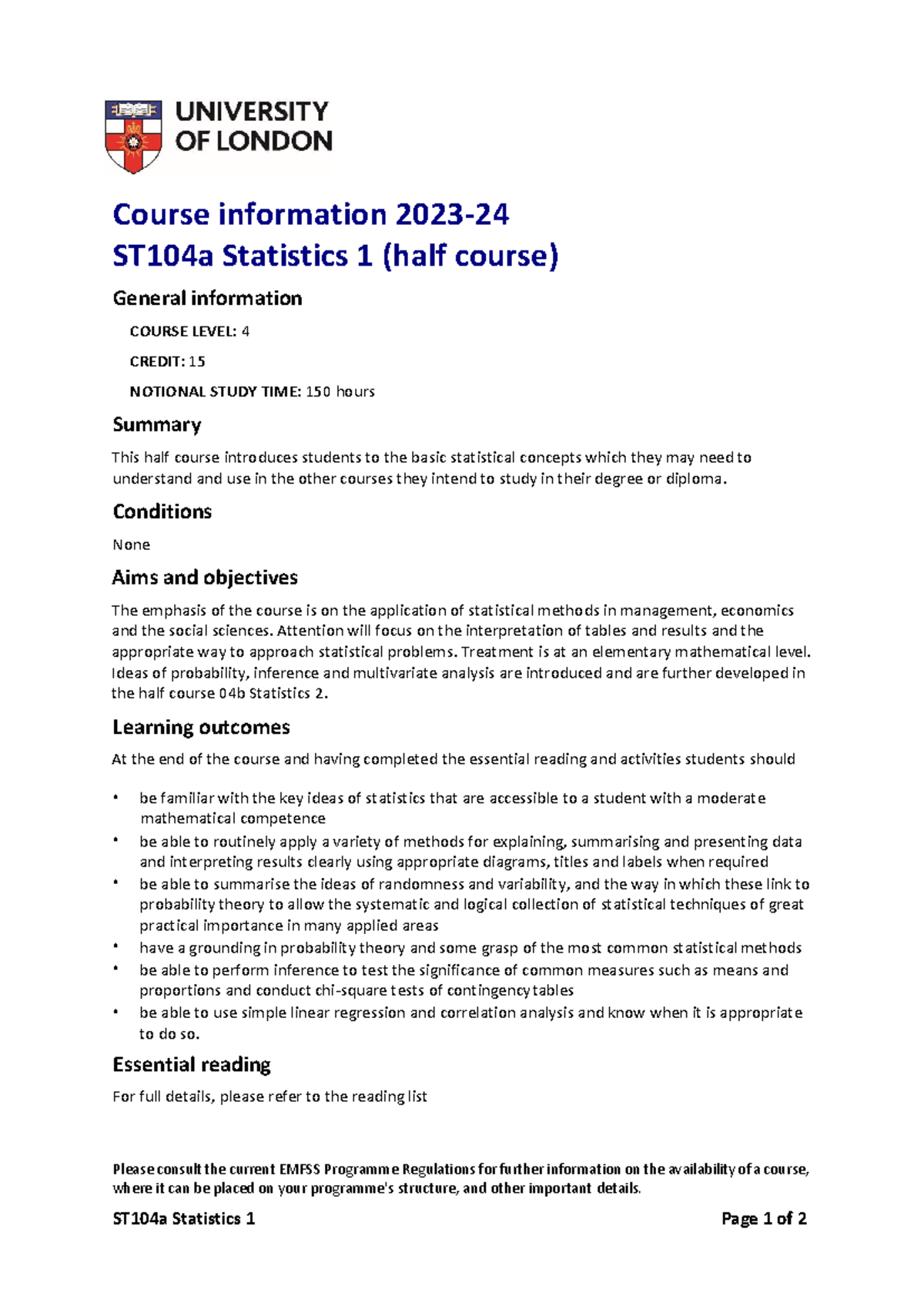 ST104a Statistics 1 half course - Course information 2023- ST104a ...