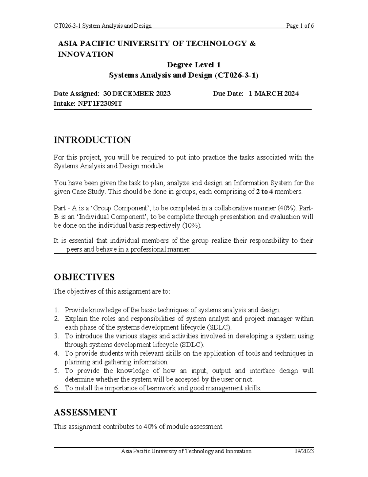 Assignment Question 202309 SAAD - ASIA PACIFIC UNIVERSITY OF TECHNOLOGY & INNOVATION Degree ...