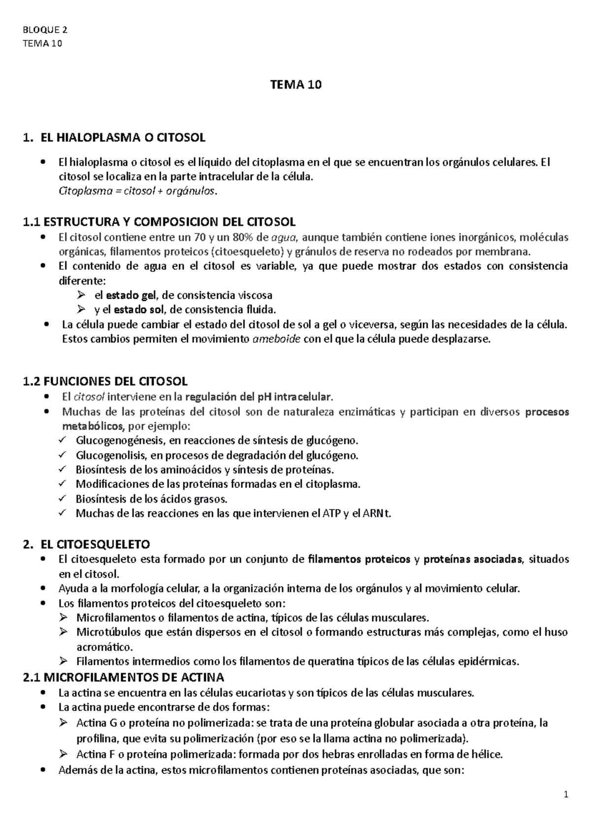 TEMA 10 resumen citosol - BLOQUE 2 TEMA 10 TEMA 10 1. EL HIALOPLASMA O ...