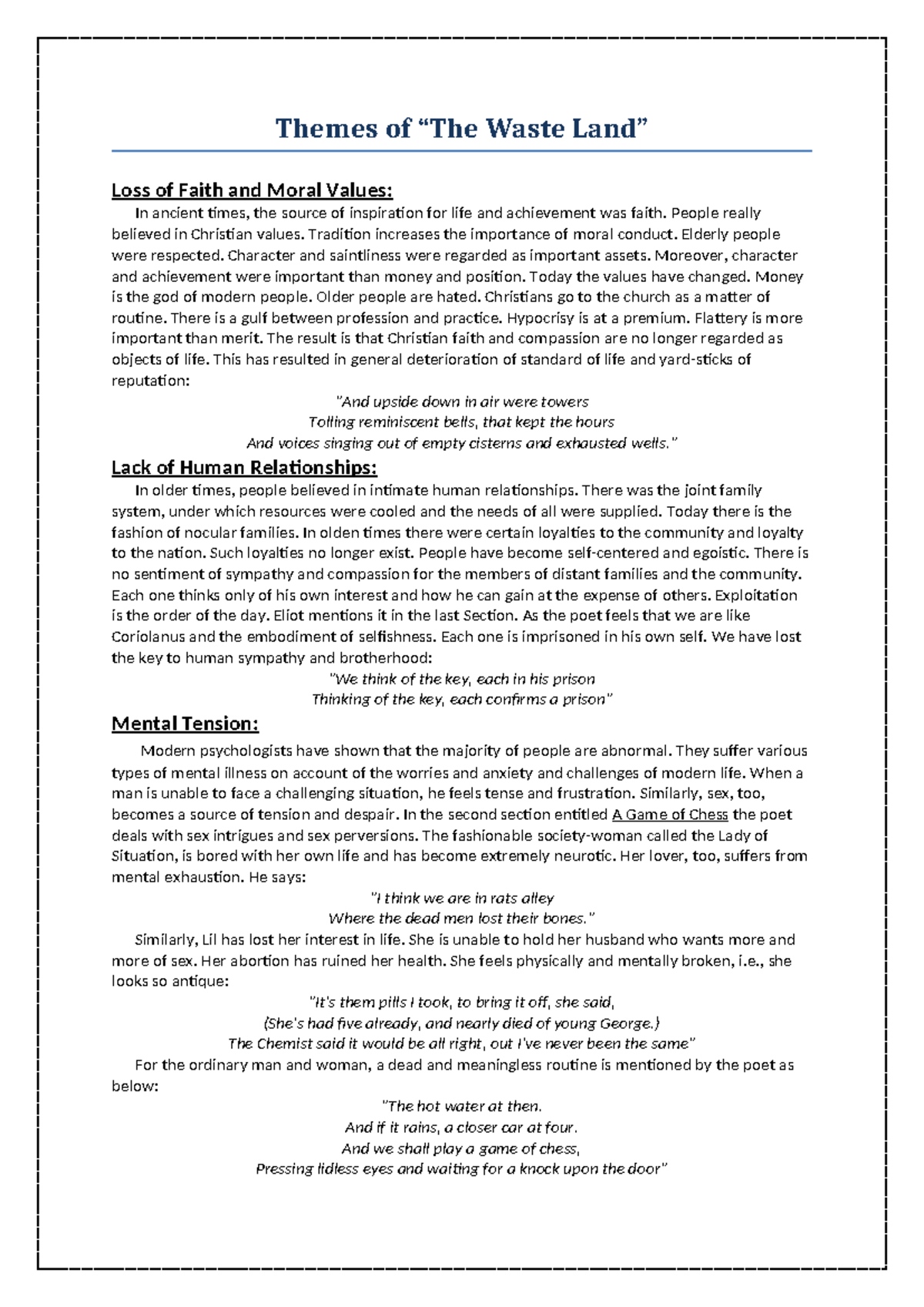 Themes of waste land - Themes of “The Waste Land” Loss of Faith and ...