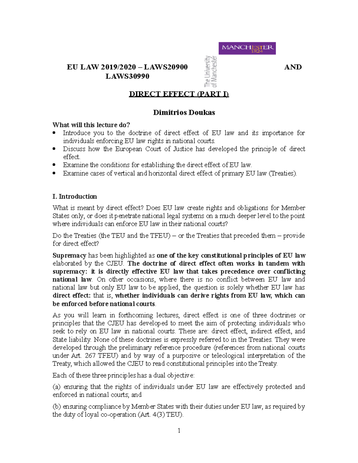 EU Law 2019-20 (Direct Effect I) - EU LAW 2019/2020 – LAWS20900 AND ...