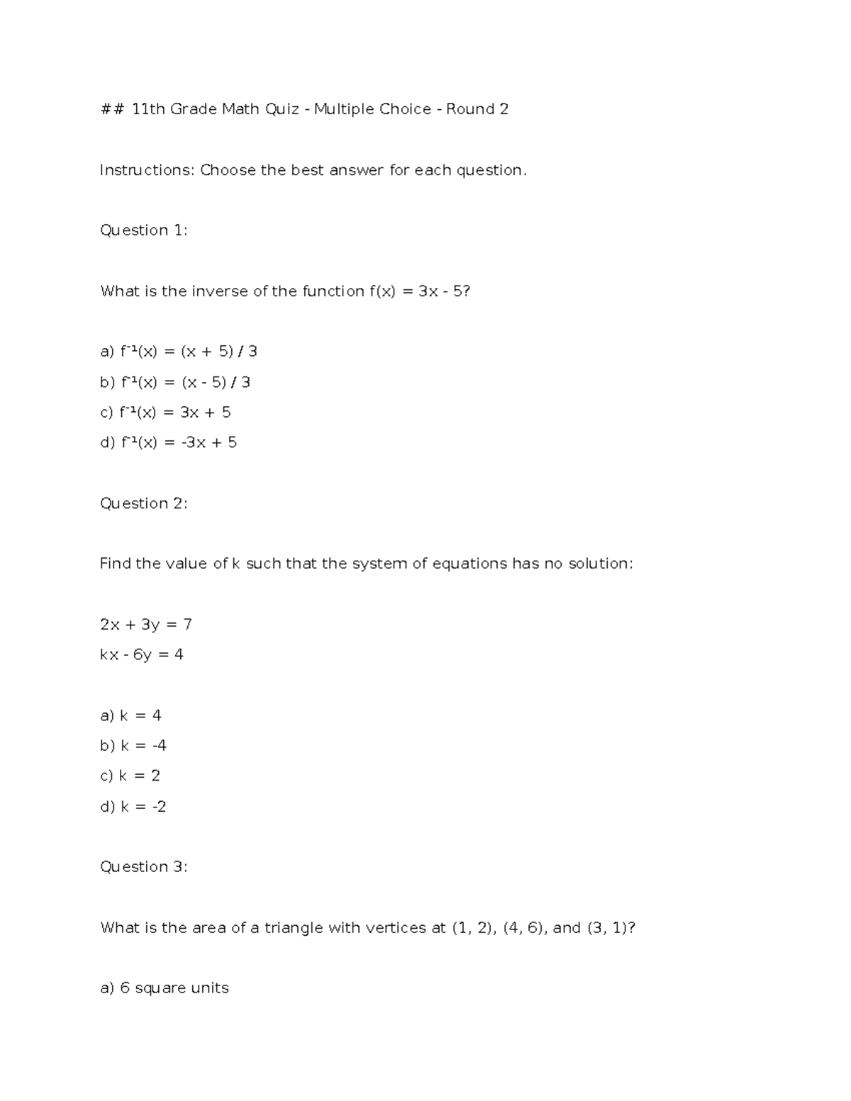 Math Quiz 3 - practice - 11th Grade Math Quiz - Multiple Choice - Round ...